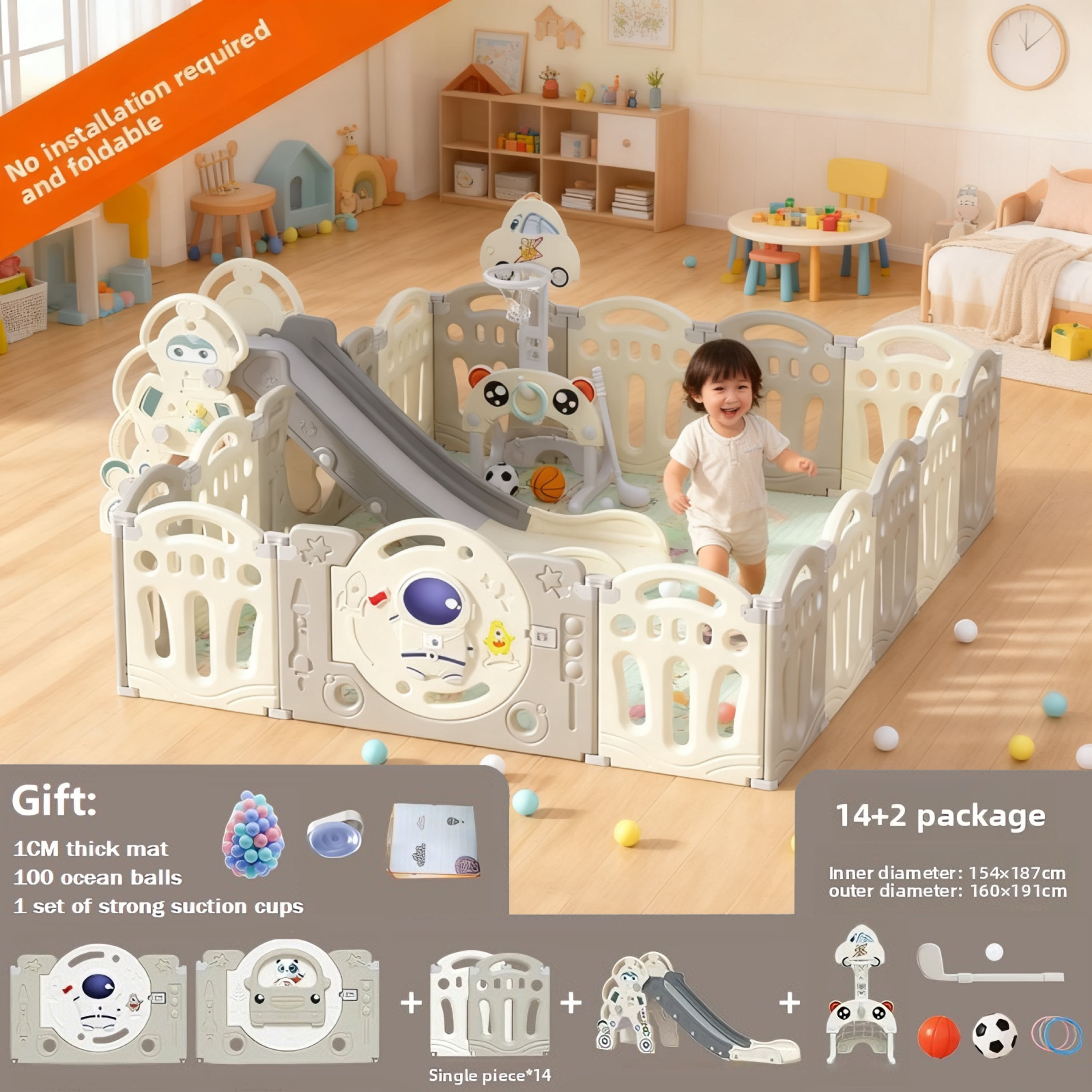 Baby Playpen 14+2 Panels, Foldable Toddler Play Yard with Astronaut ...