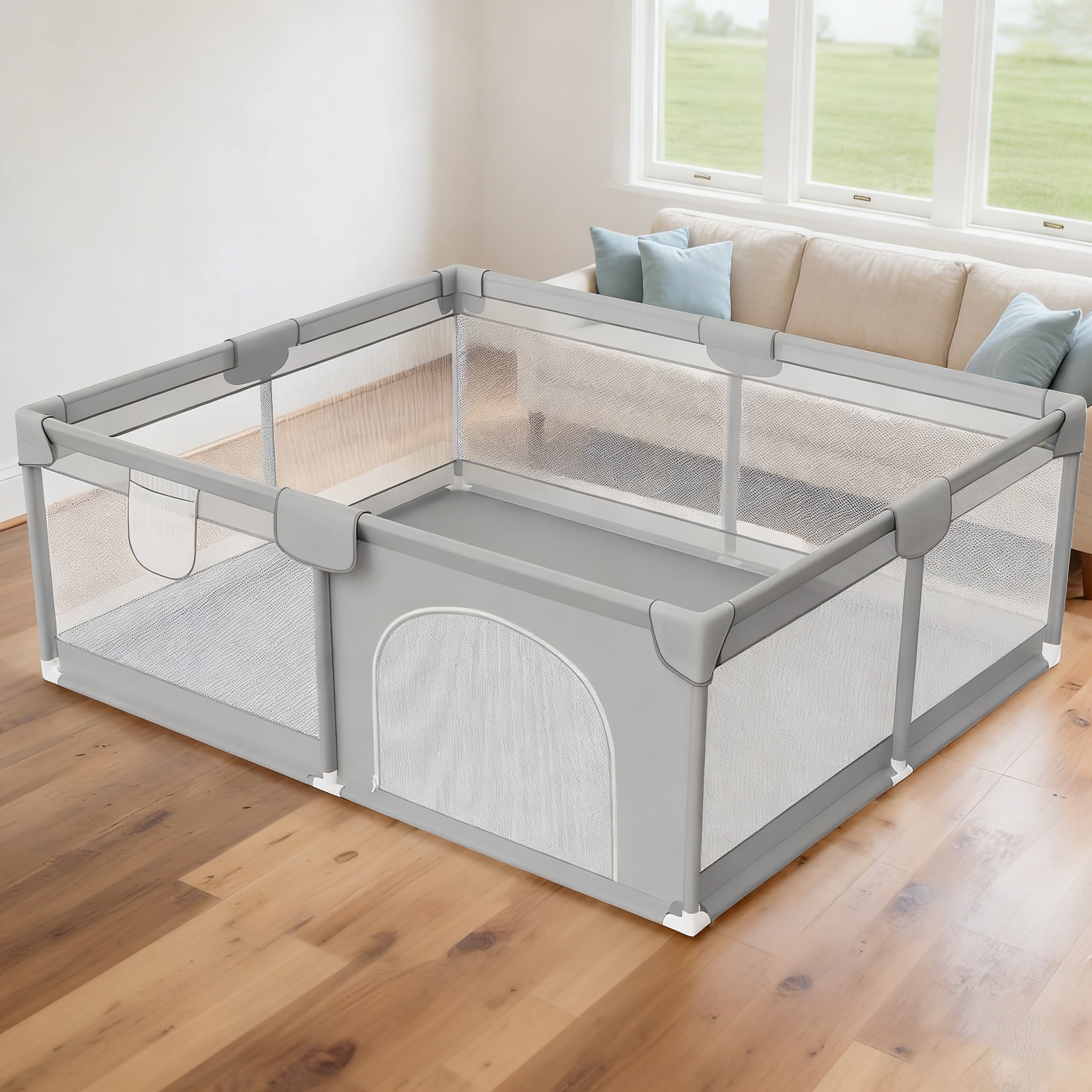 Baby Playpen 74x50x27 Inch with 2 Handles and Carry Bag, Grey - Walmart.com
