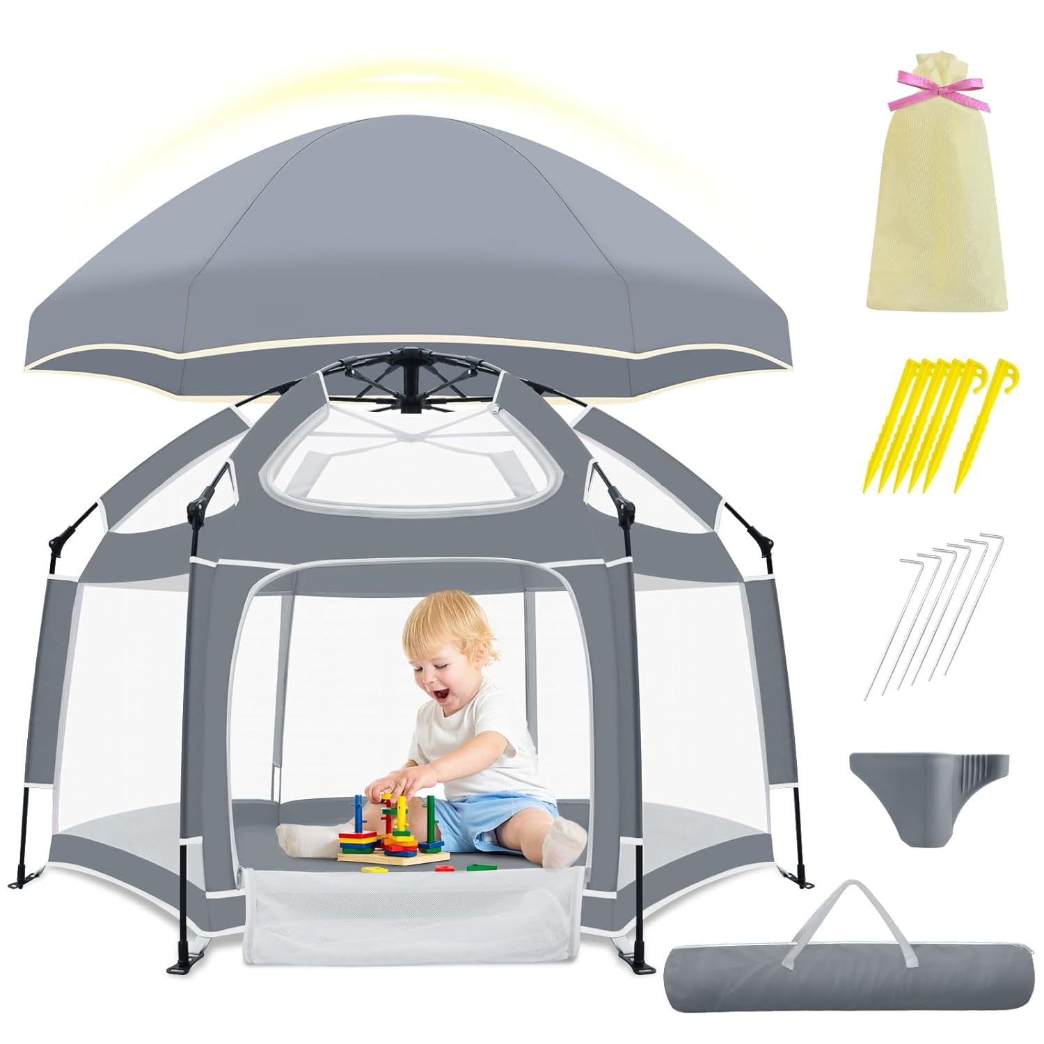 Baby Playpen with Canopy, Indoor Outdoor Playpen for Baby, Portable ...