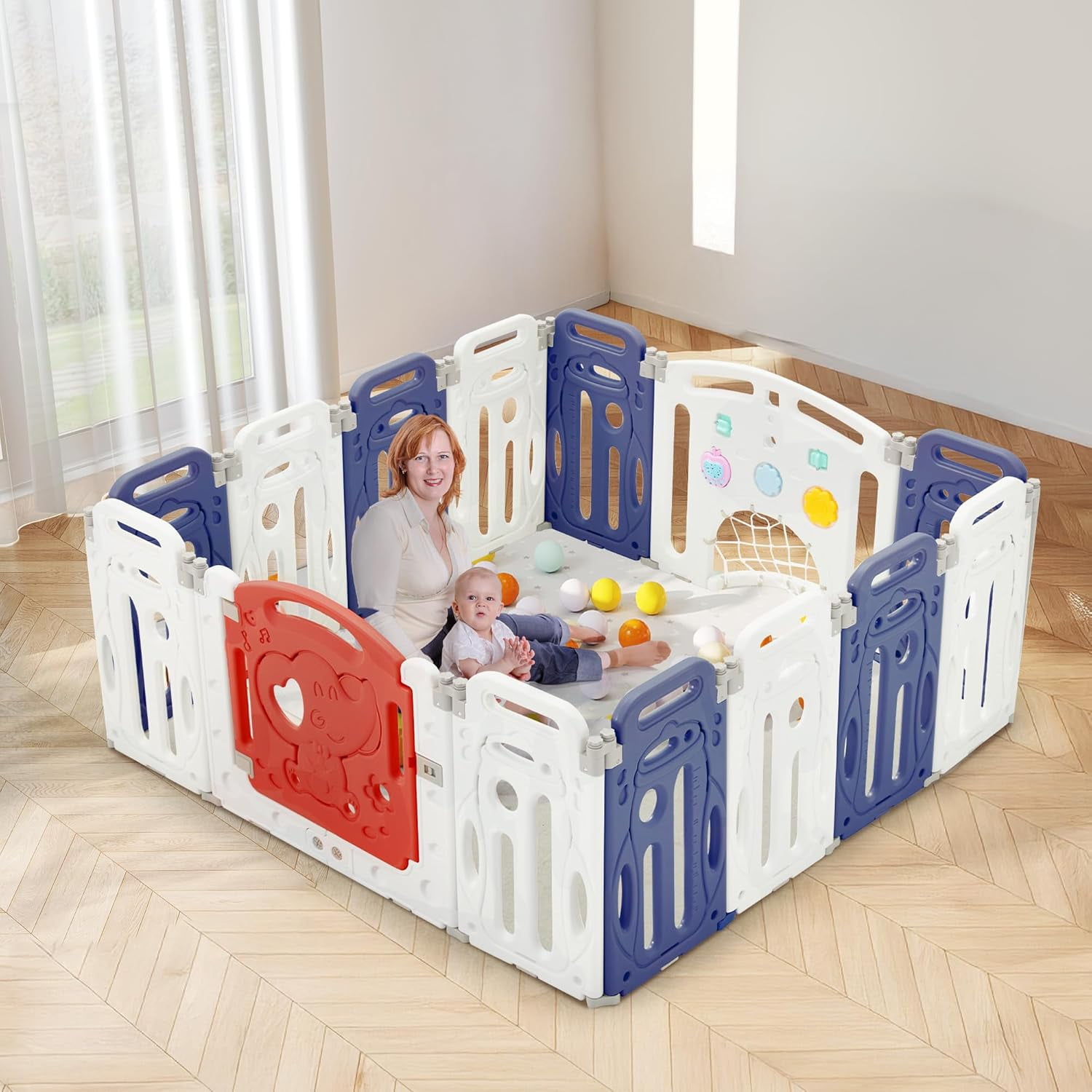 Baby Playpen,Foldable Plastic Playpen for Babies and Toddlers,14 Panels Fence with Lockable Door ...