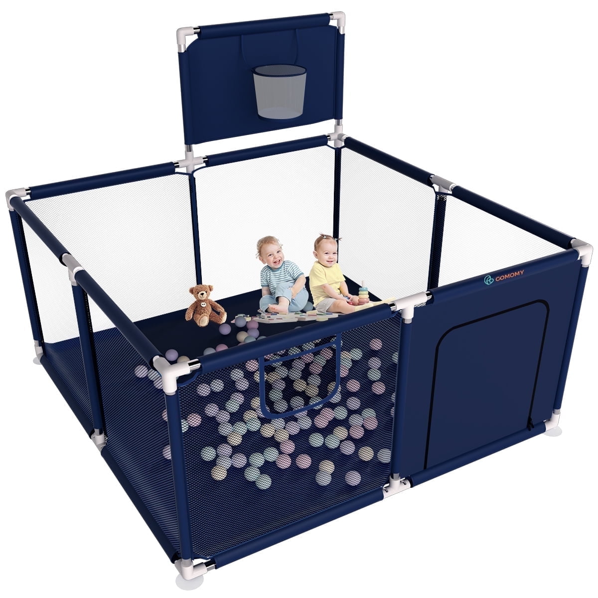 Large Foldable Baby Playpen, Portable 4-Panel Play Yard with Basketball ...