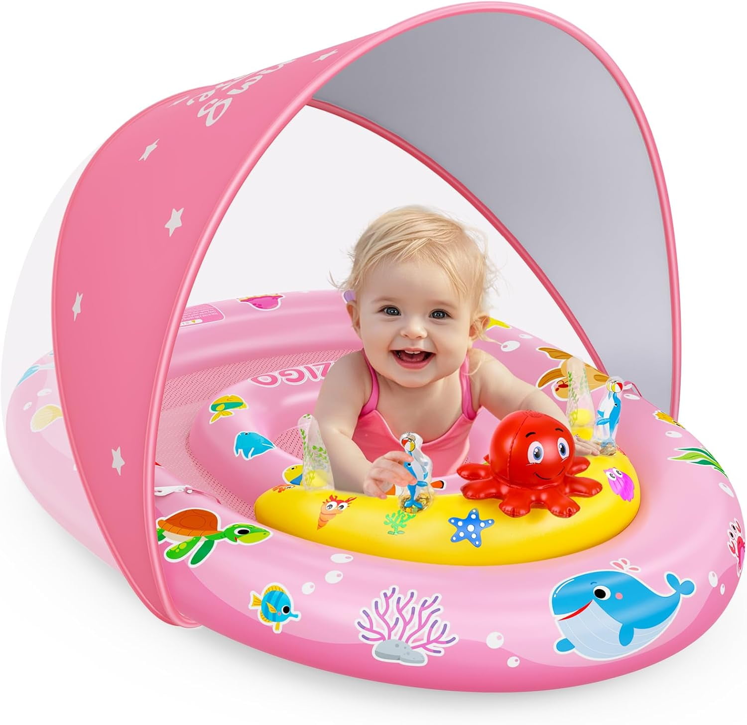 Baby Pool Float with Canopy UPF50+ Sun Protection, Inflatable Kids Pool Floats with Ocean Animal ...