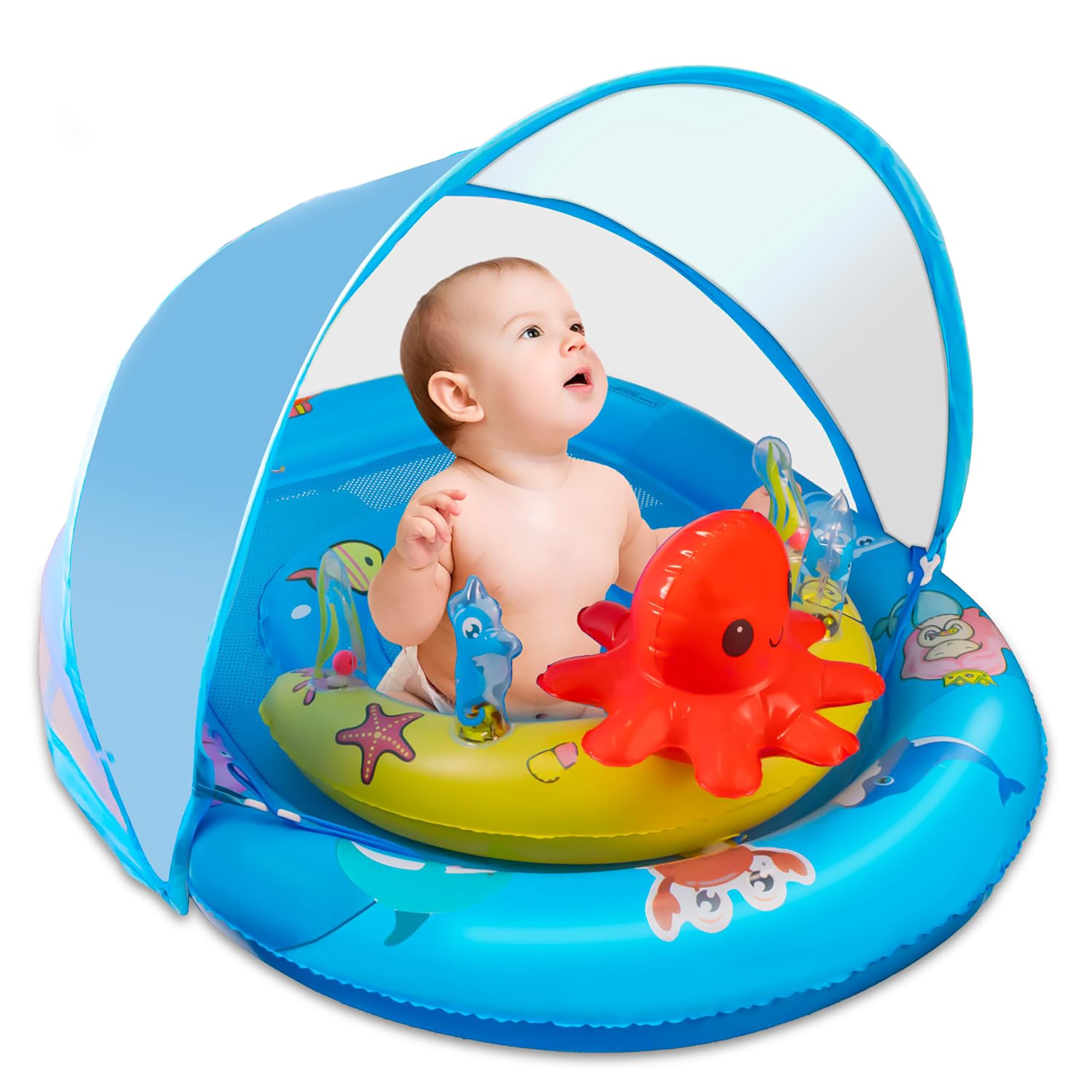 Baby Pool Float With Canopy Upf50+ Sun Protection, Inflatable Baby Swimming Float With Ocean ...
