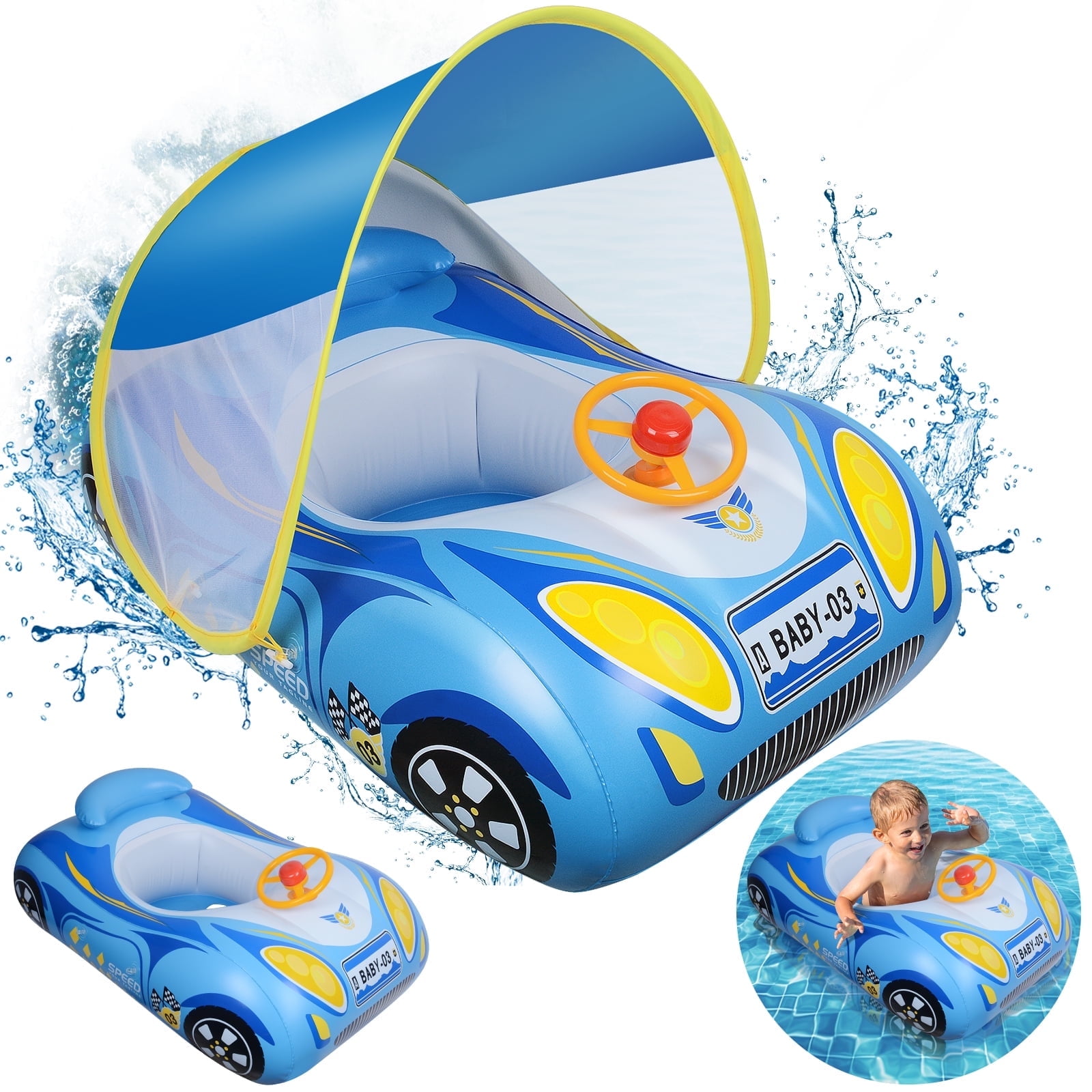 Qoosea Infant Swim Float with Canopy, Car-Shaped Baby Floaty, Safety ...