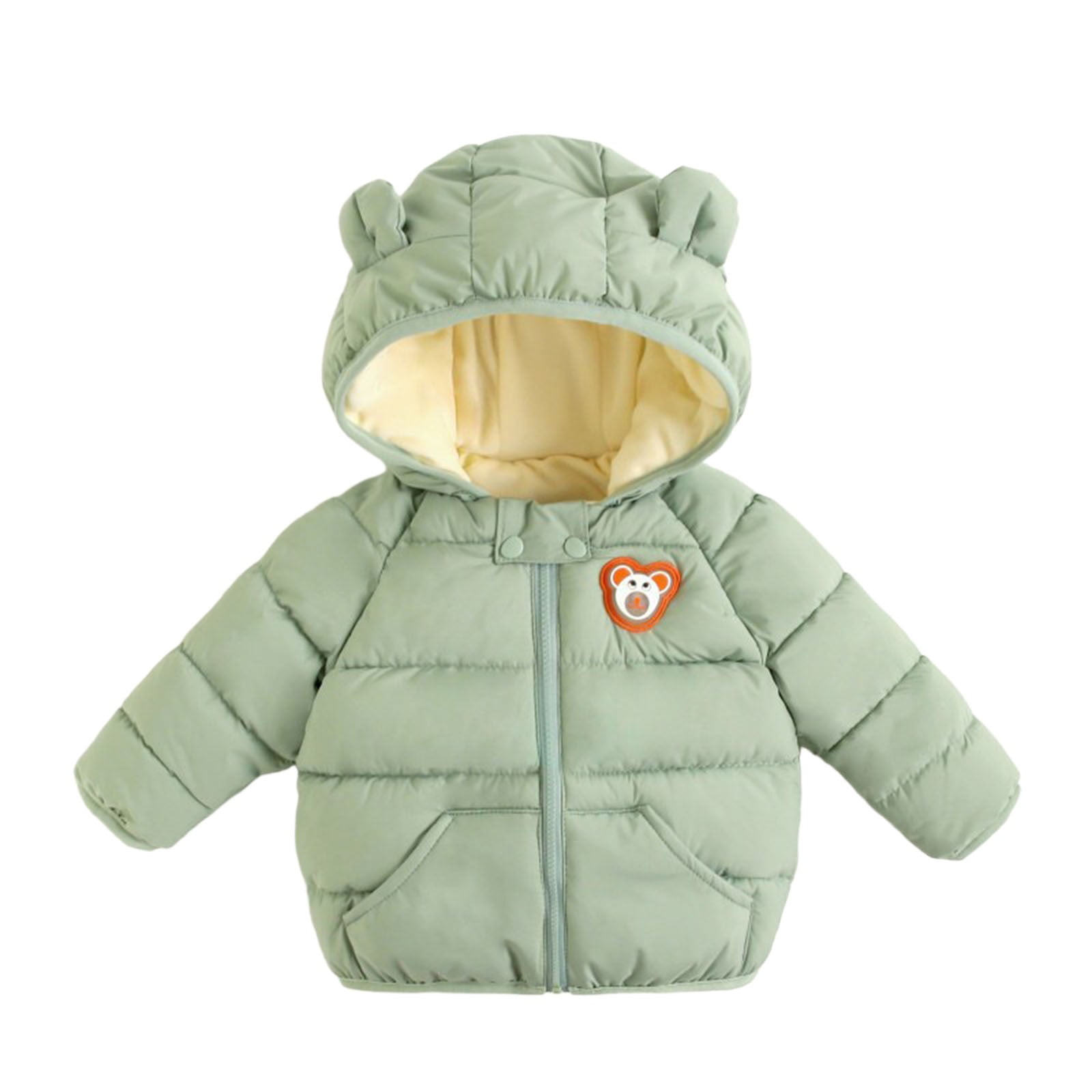 Baby Puffer Jacket Boys Green Full-Zip Long Sleeve Bear Hooded Down ...