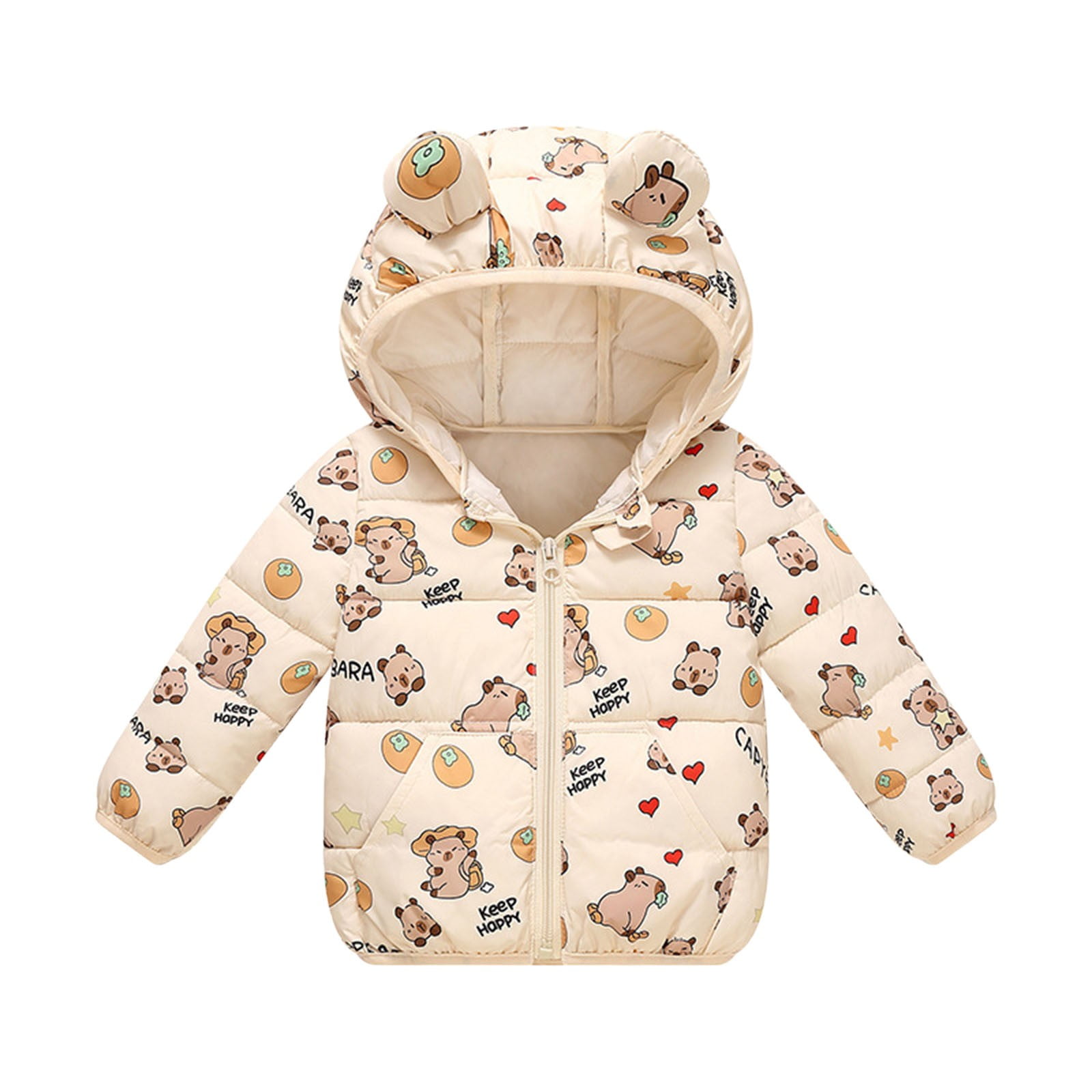 Baby Puffer Jacket Cartoon Print Full-Zip Long Sleeve Warm Bear Hooded ...