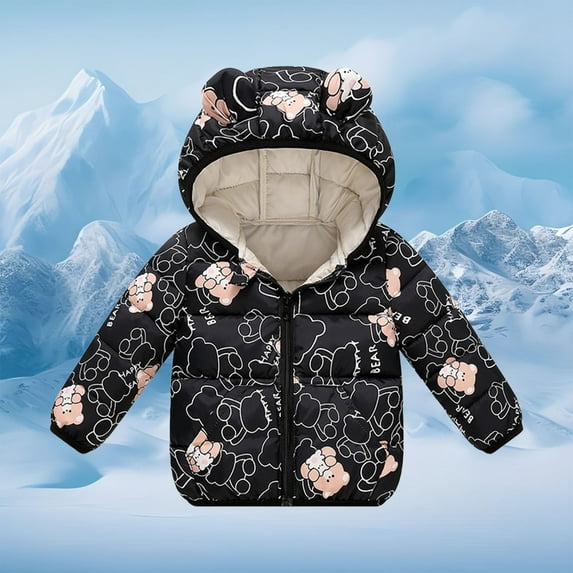 Baby Puffer Jacket Kids Cartoon Print Full-Zip Long Sleeve Hooded ...