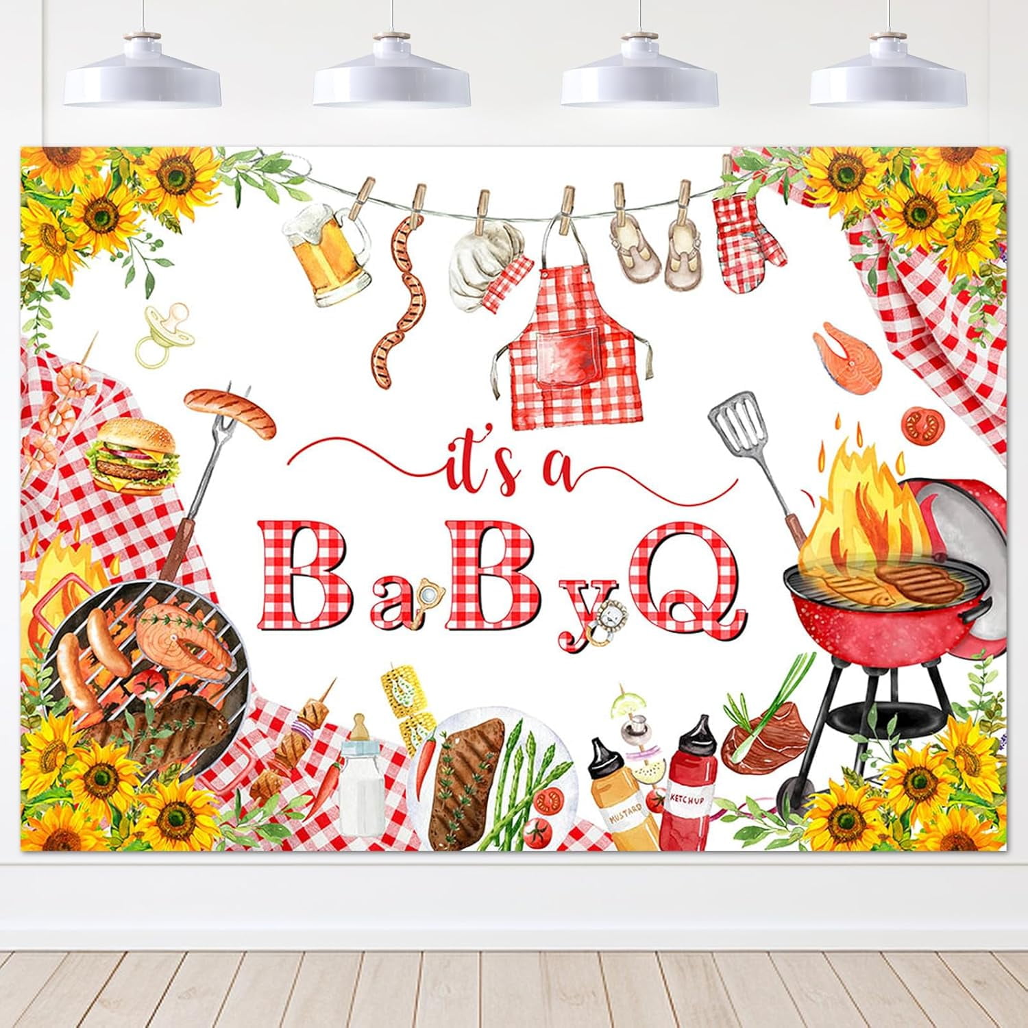 Baby Q Baby Shower Backdrop Sunflower It’s A Baby Q Party Banner BBQ ...