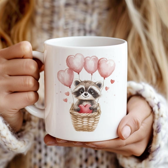 Baby Raccoon Smiling in a Basket with Heart Shaped Balloons, Valentine ...