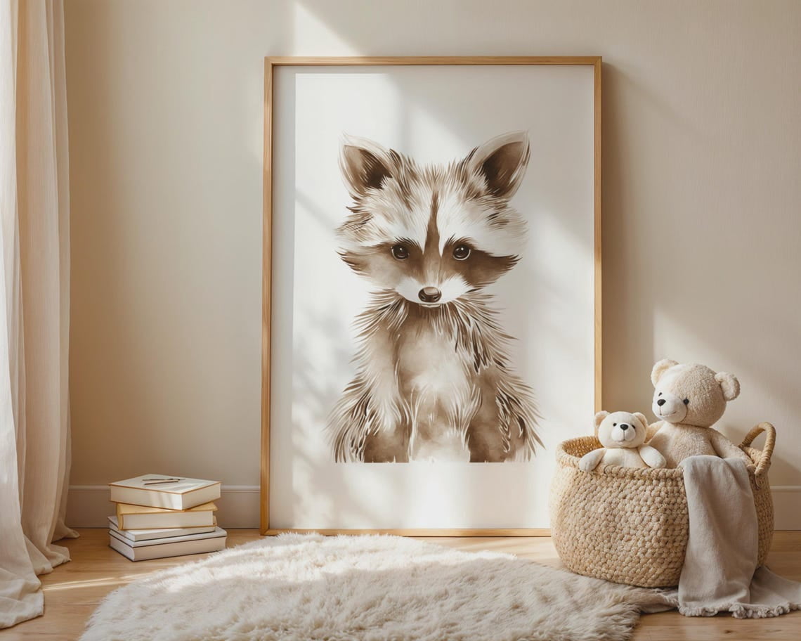 Baby Raccoon Watercolor Woodland Animal Sepia Poster Unframed Paper ...