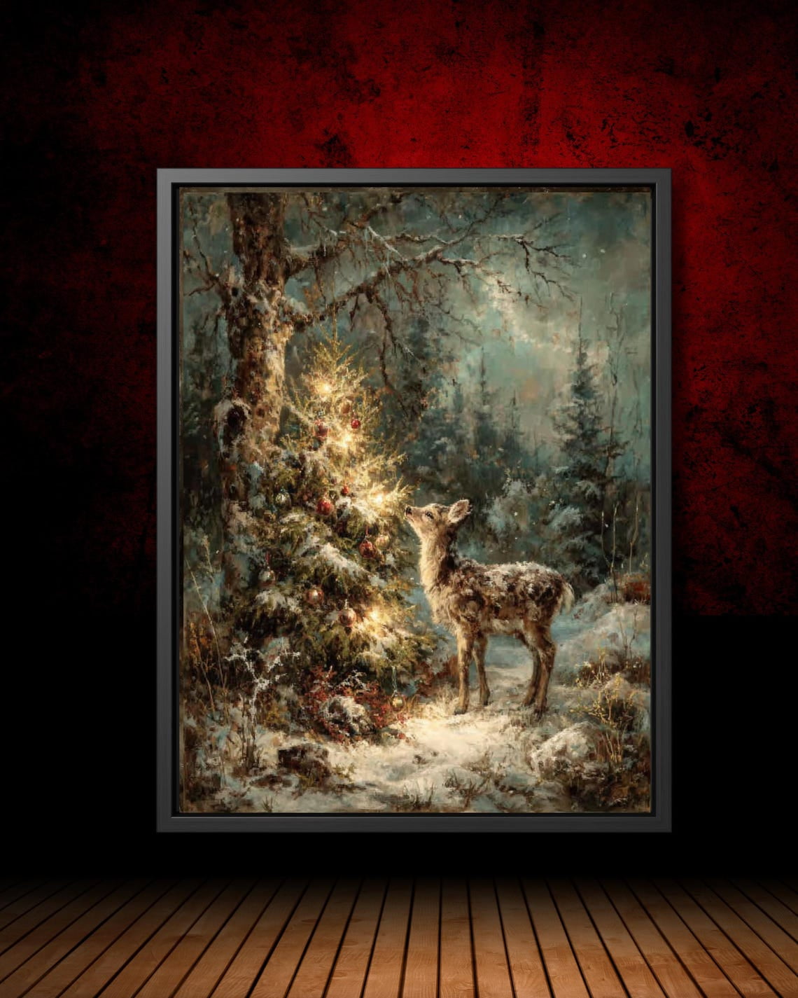 Baby Reindeer And Tree Art Poster, Gothic Winter Woodland, Dark ...