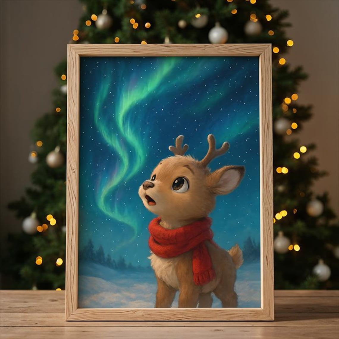 Baby Reindeer Nursery Print Cute Winter Festive Northern Lights Art ...