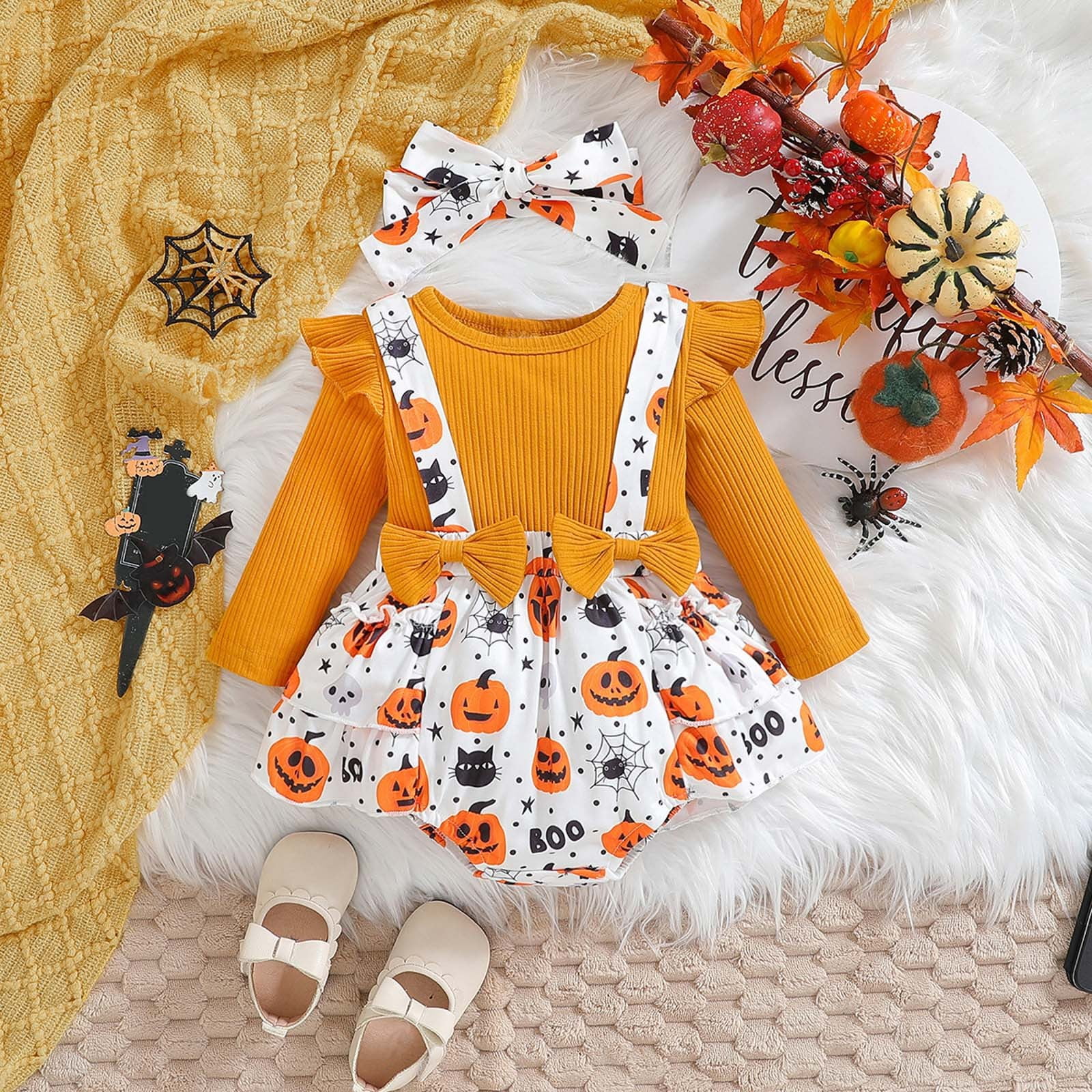 Baby Romper Baby Girls Halloween Bodysuit Long Sleeve Romper With Ruffle Skirt Pumpkin Bow ...
