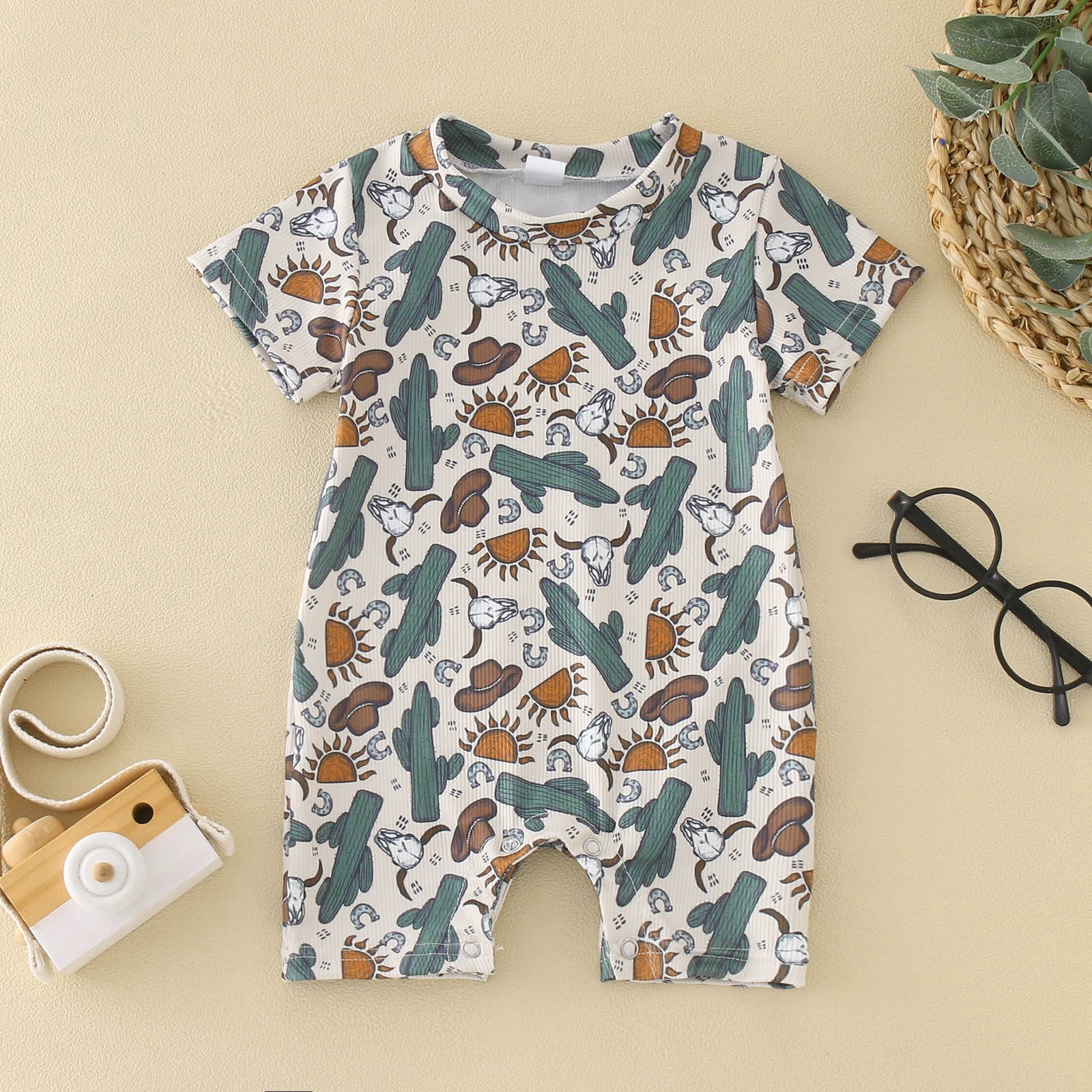 Baby Rompers Girl Girls Western Boot Print Short Sleeve Cactus Sun ...