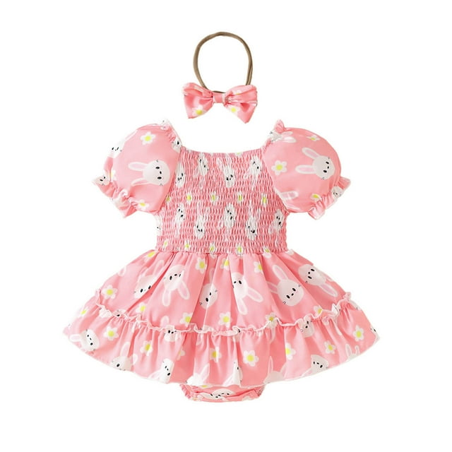 Baby Rompers Girl Baby Girls Short Sleeve Easter Carrot Prints Romper Dress Headbands Set ...