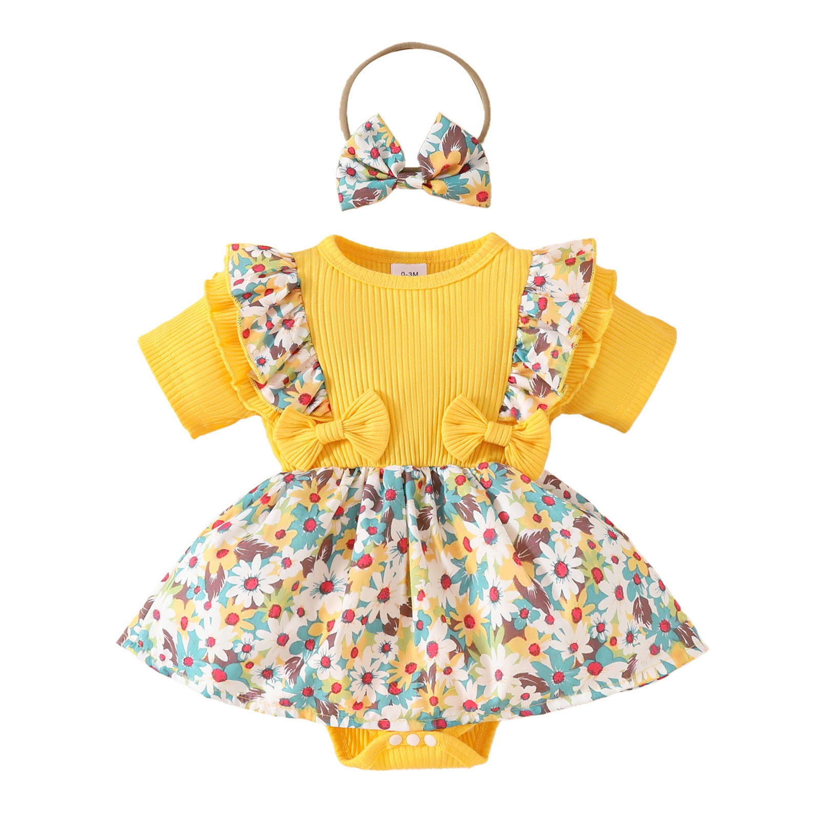 Baby Rompers Short Sleeve Ribbed Floral Romper Bodysuits Dress Headbands Sets Onesies Yellow 12 ...