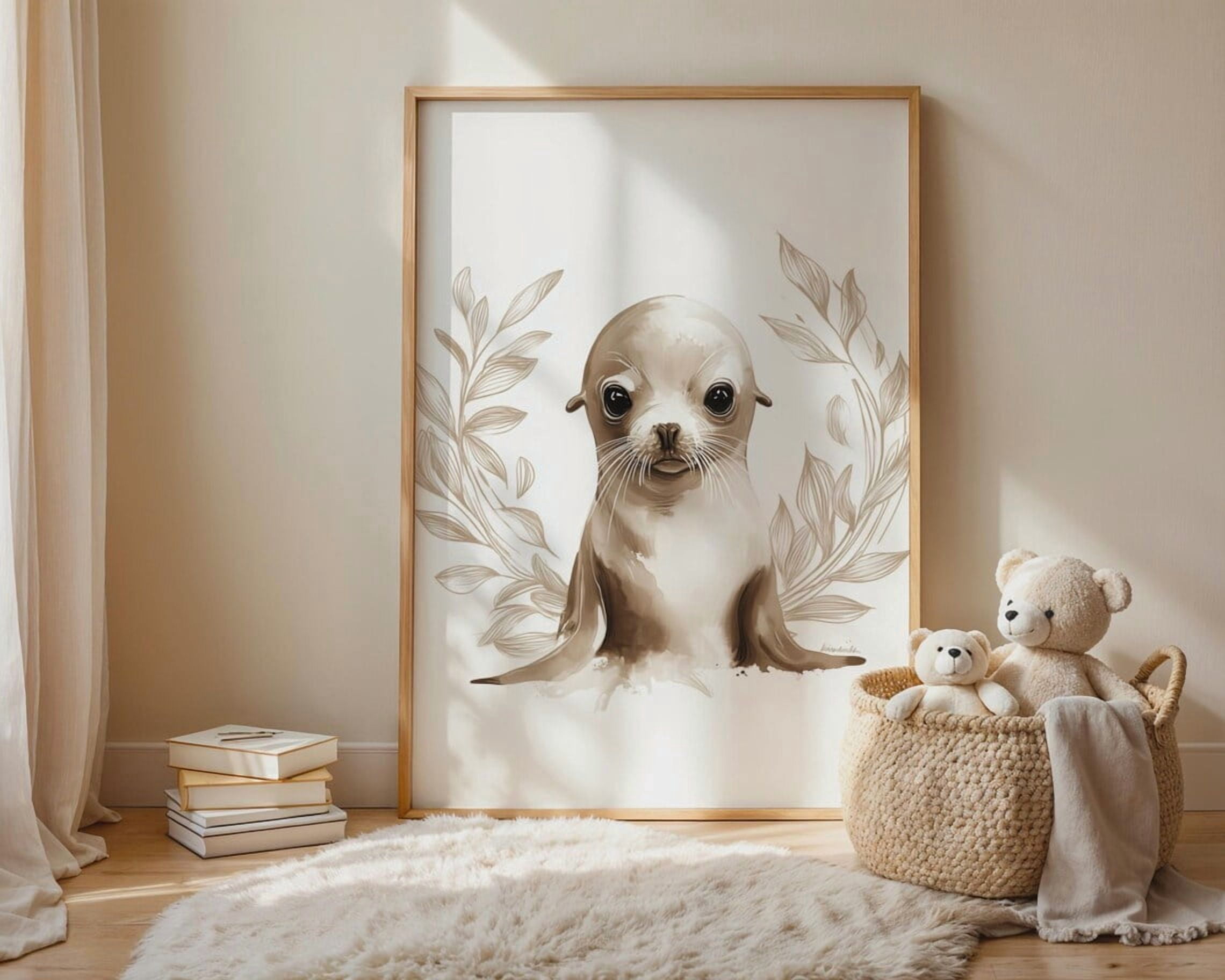 Baby Seal Wall Art Nursery Beige Botanical Animal Decor Room Unframed ...