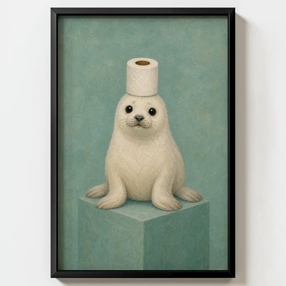 Baby Seal With Toilet Paper Hat Whimsical Oil Coastal Wall Art Poster ...