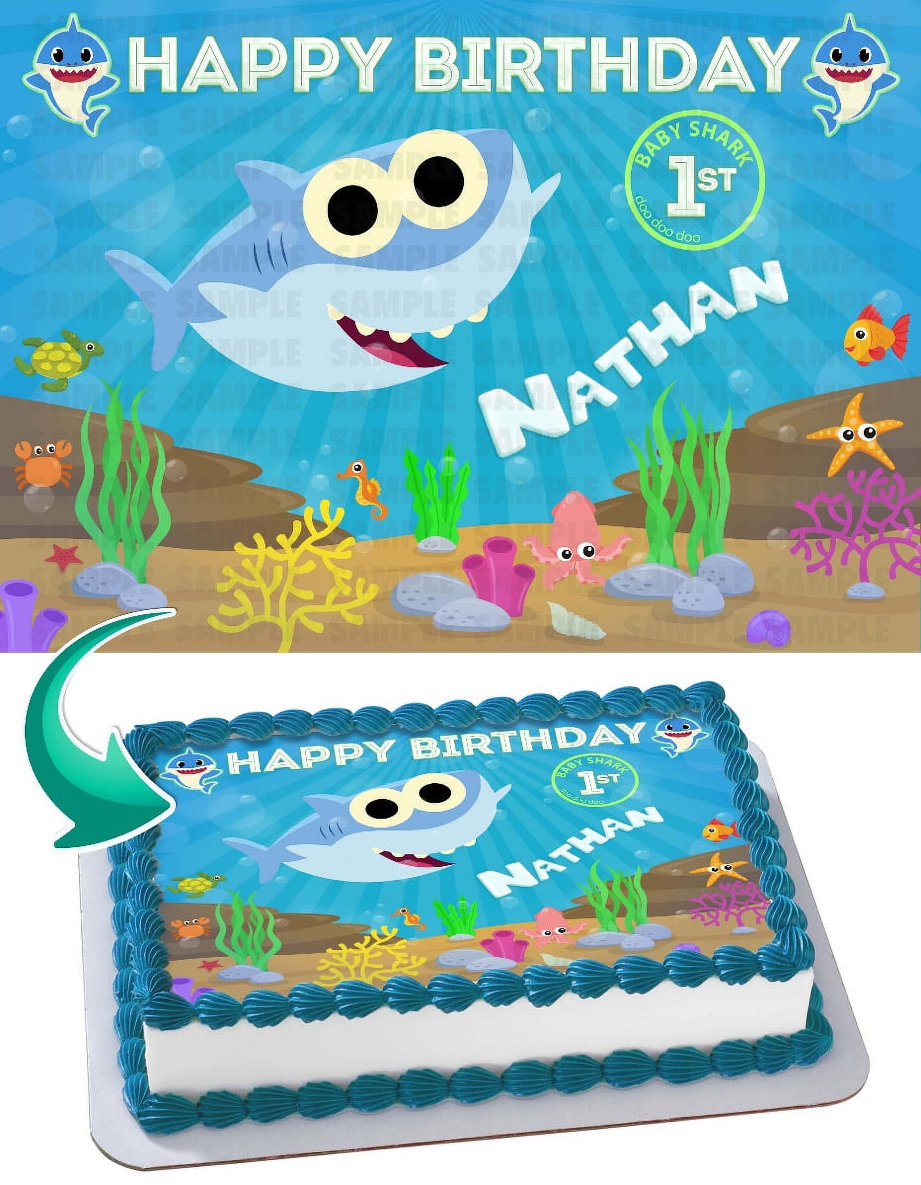 Baby Shark Boy Edible Cake Image Topper Personalized Birthday Party 1/4 ...