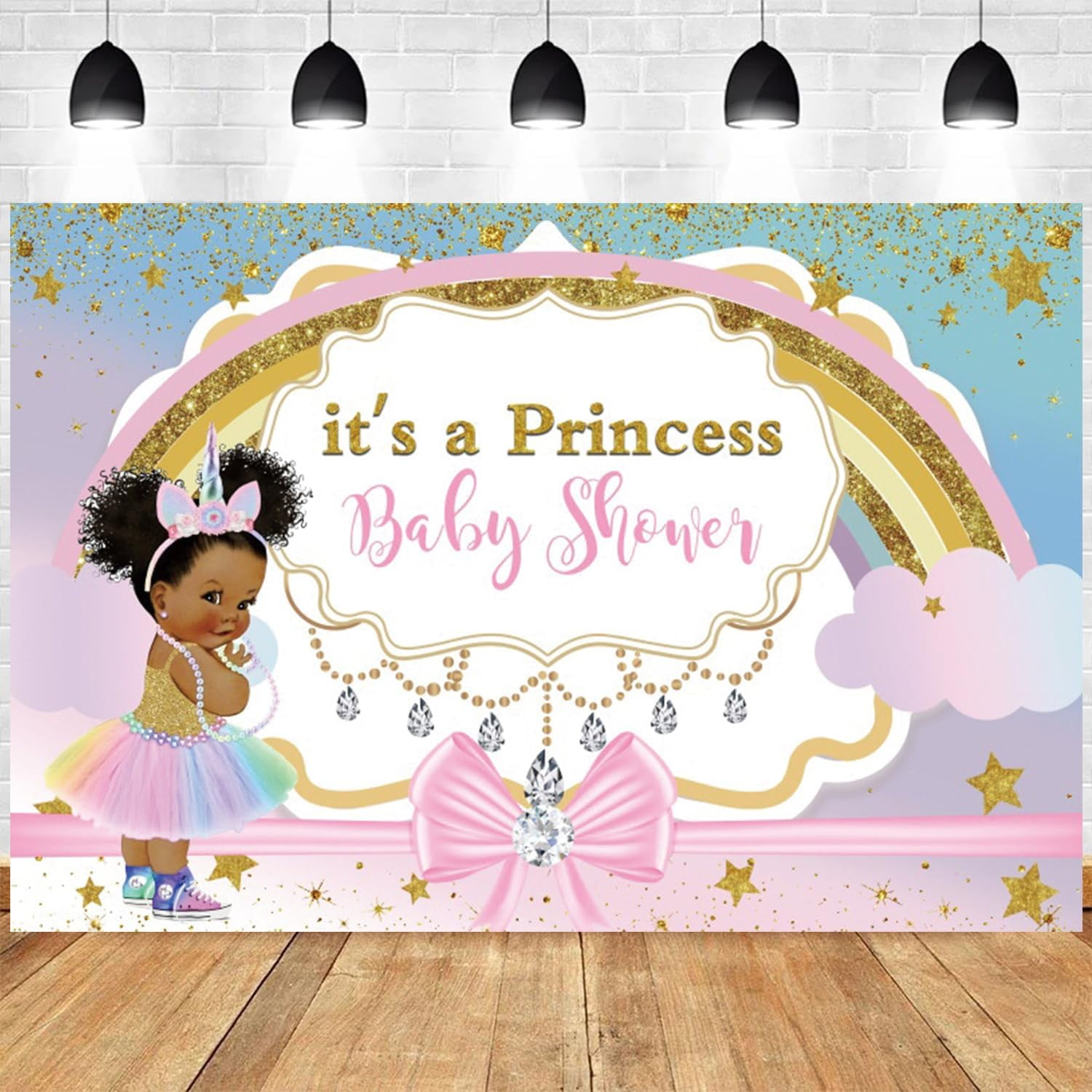 Baby Shower Backdrop Pink Black Little Princess Glitter Diamonds Gold ...