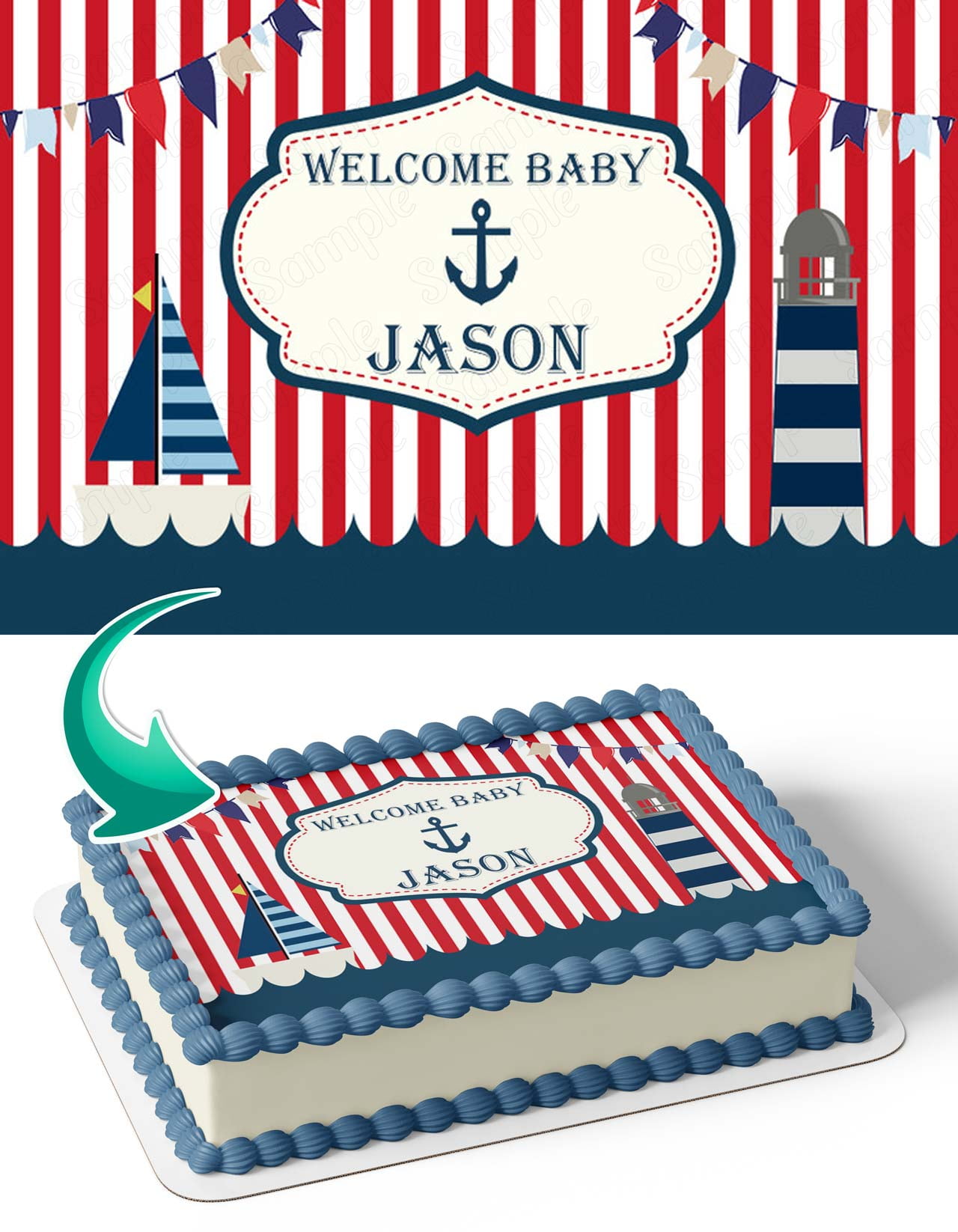Baby Shower Beach Nautical Sailor BSN Edible Image Cake Topper Birthday ...