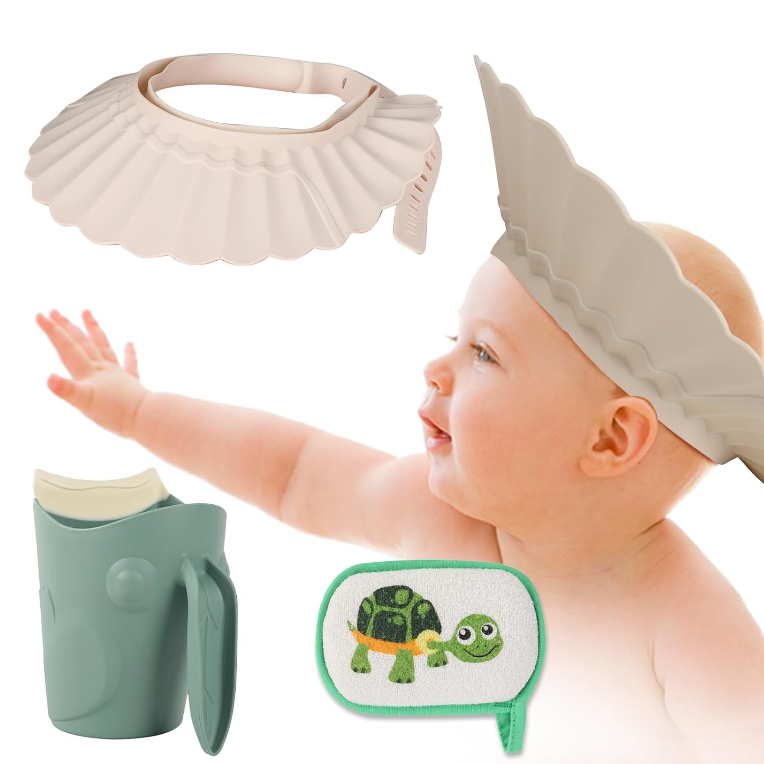 Baby Shower Cap with Rinse Cup and Bath Sponge - All-in-One Bathing ...