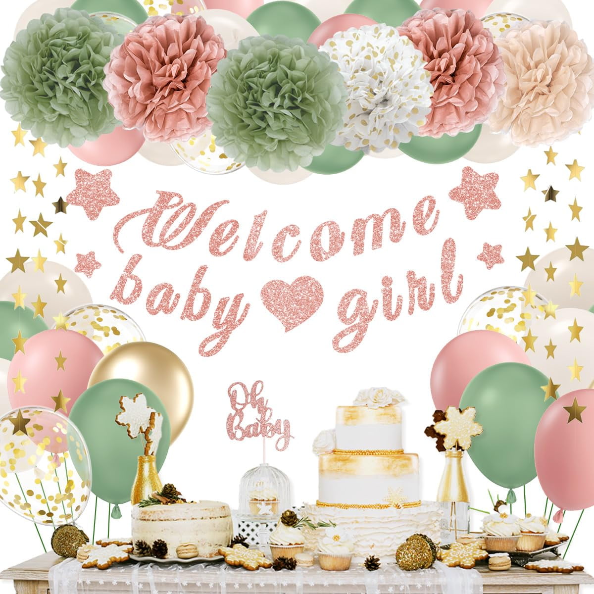 Baby Shower Decorations with SSF20 Pink & Sage Green Pom Poms, Balloons ...