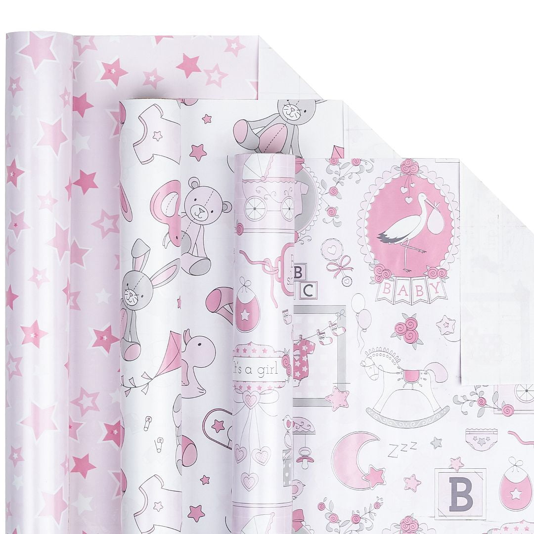 WRAPAHOLIC Baby Shower Wrapping Paper, Baby Girl Mini Roll, Pink with ...