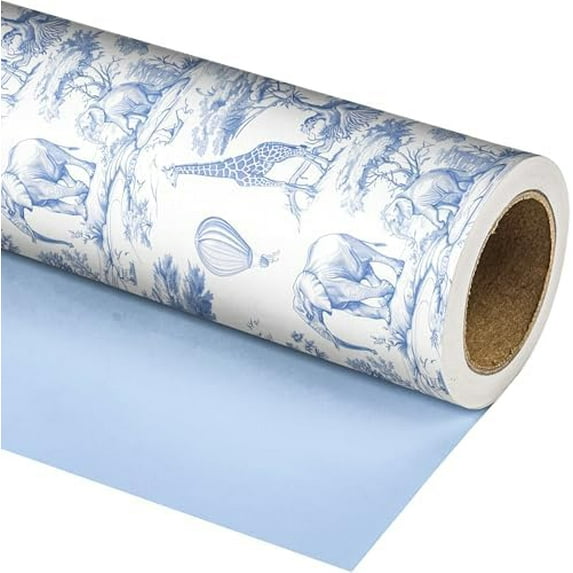Baby Shower Wrapping Paper Roll for Boys Girls Kids Blue White Jungle ...