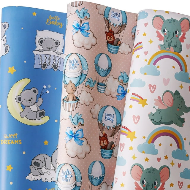 Baby Shower Gift Wrap for Boys, Girls, Kids - Adorable Bears, Elephants ...