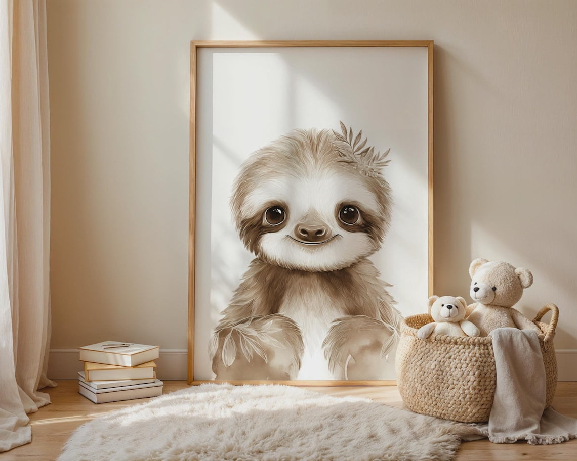 Baby Sloth Nursery Art Whimsical Botanical Animal Unframed Paper Print ...