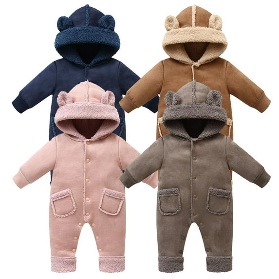 Baby Snowsuit Fleece Ear Jumpsuit Coat Snowsuit Long Sleeve Solid Hooded Bunting Newborn Girl ...