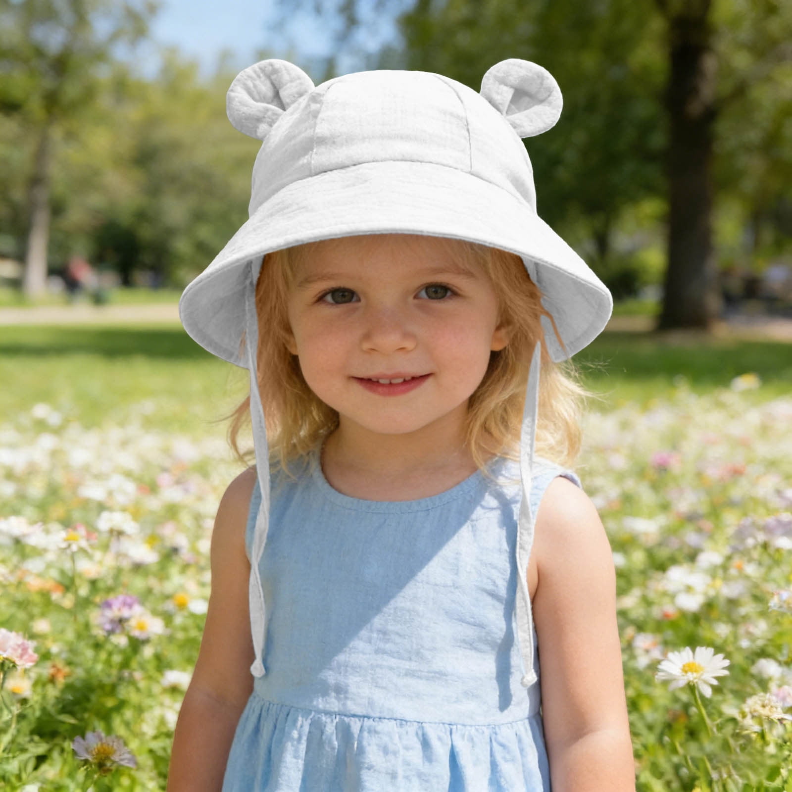 Baby Solid Color Bucket Hat, Cute Bear Ear Cotton Sun Hat with Chin ...
