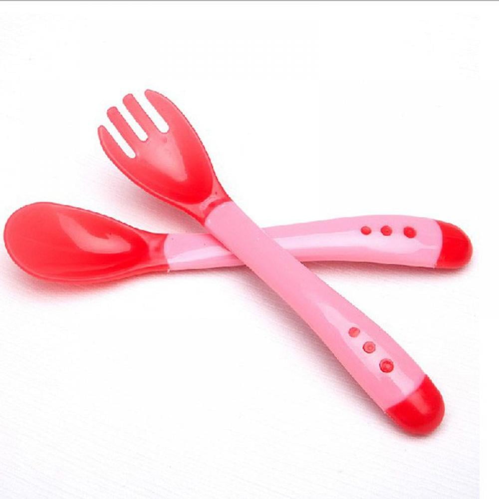 Baby Spoon and Fork Set Self Feeding Training Silicone Heat Sensitive ...