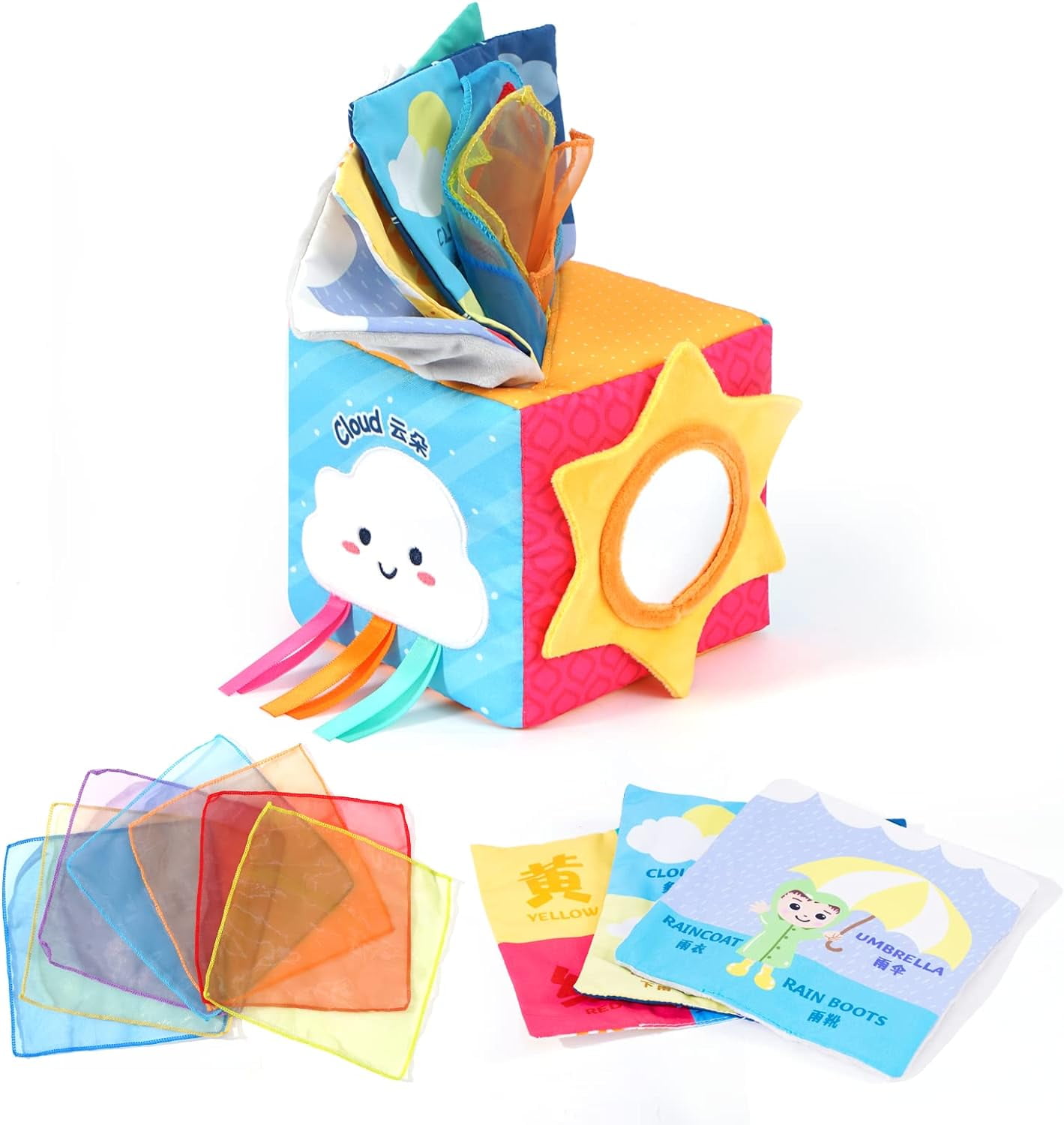 Baby Square Tissue Box Toy with Mirror, Soft Stuffed High Contrast ...