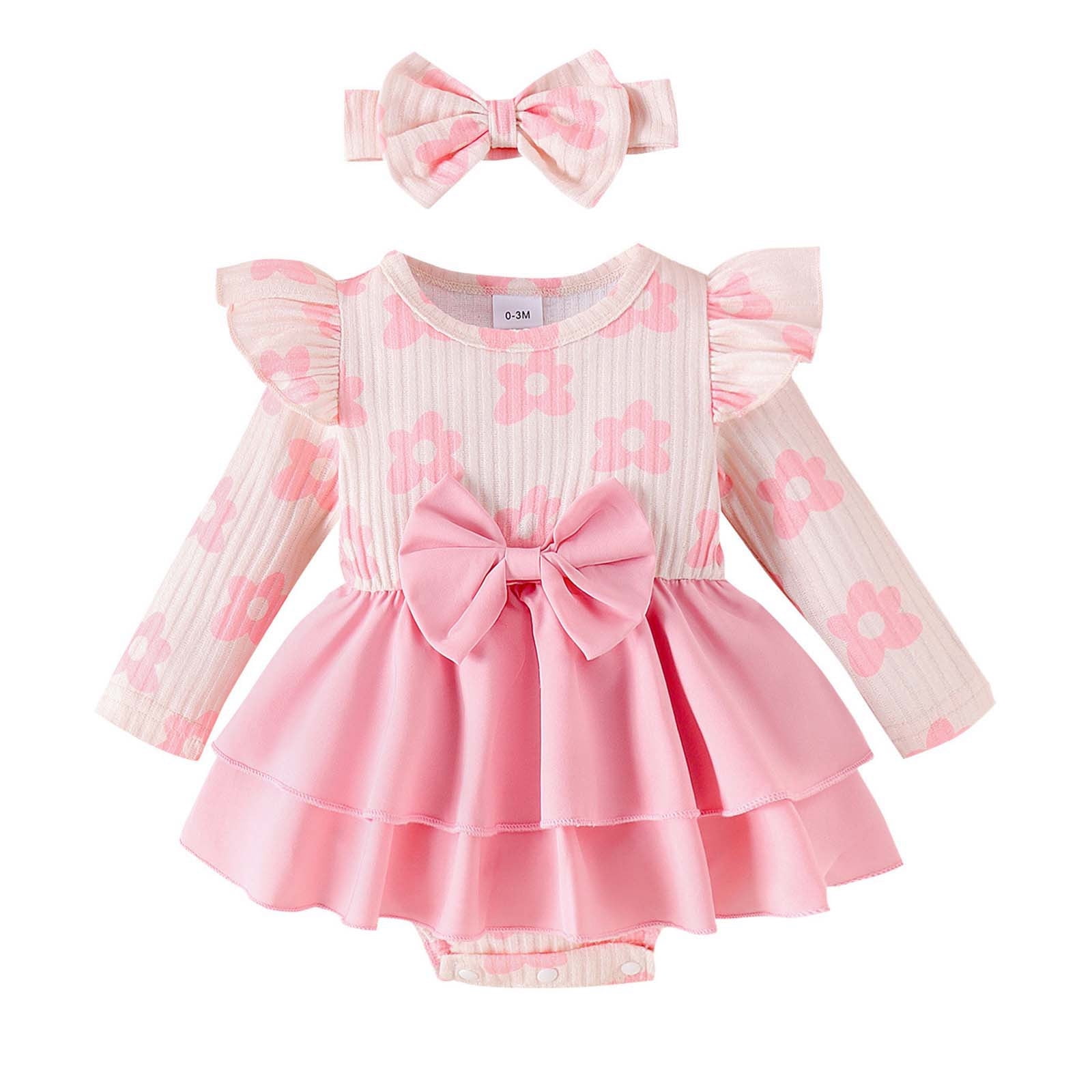 Baby Striped Floral Print Long Sleeve Skirt with Headband Kids Dress ...