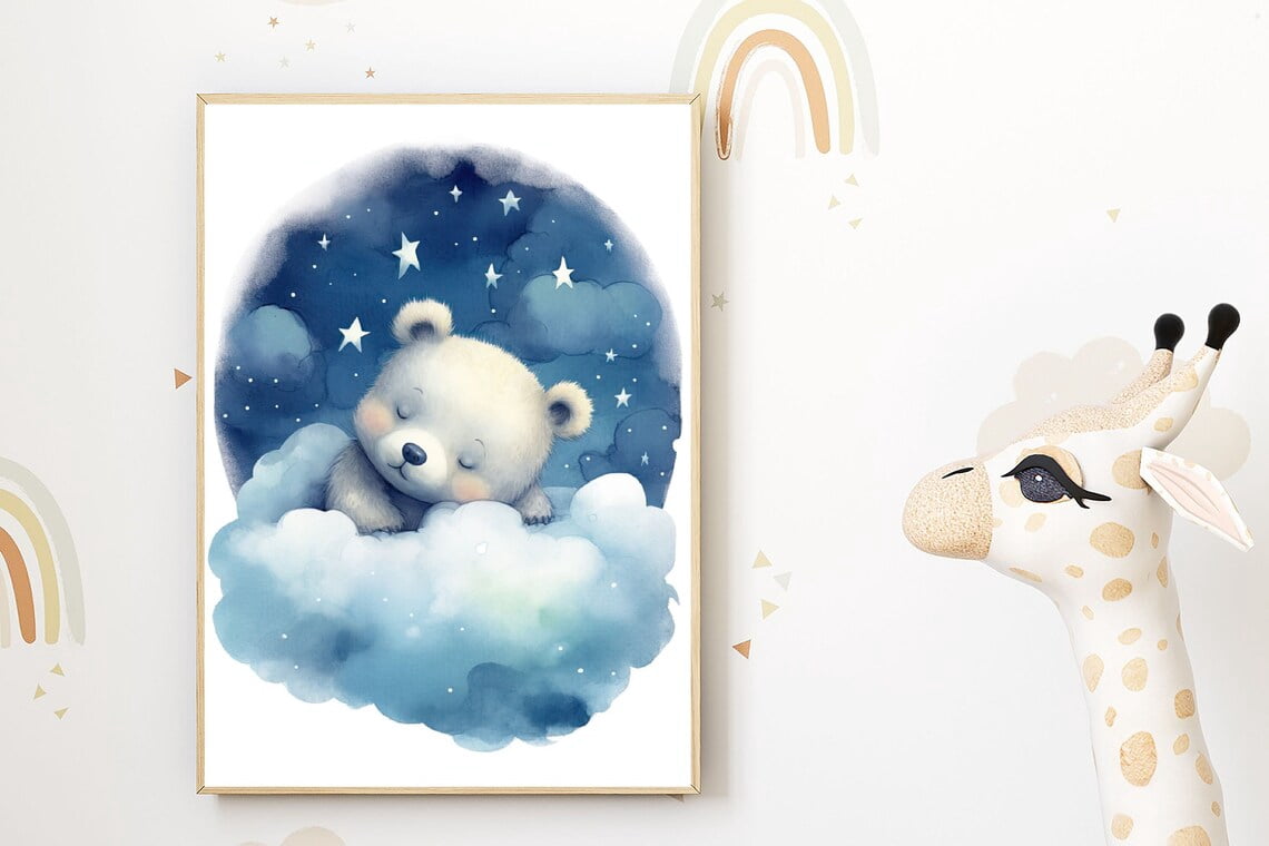 Baby Style Cute Sleeping Bear Illustration Clouds Blue Dreamy Nursery ...