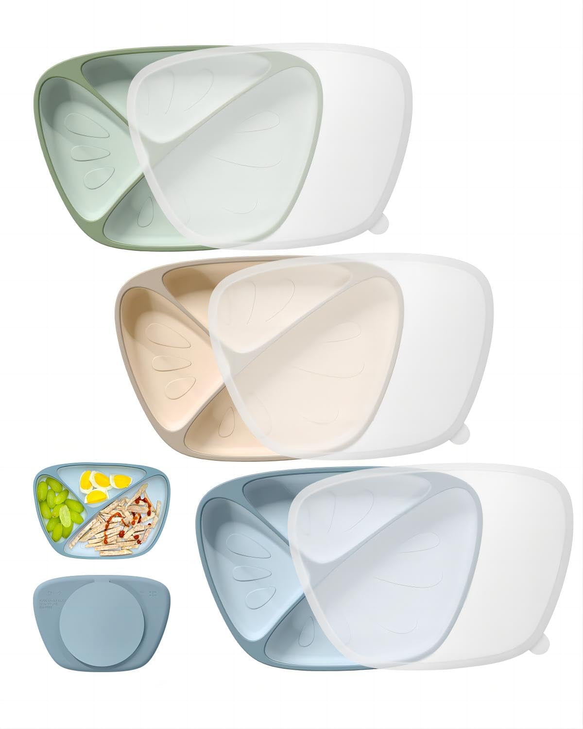 Baby Suction Plates with Lids 3 Pack, Food Grade Silicone Divided ...