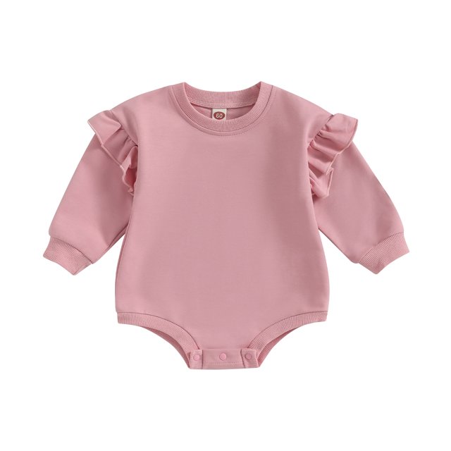 Baby Sweatshirt Romper 3 6 12 18M Ruffle Long Sleeve Round Neck Solid Color Bodysuit Infant Fall ...
