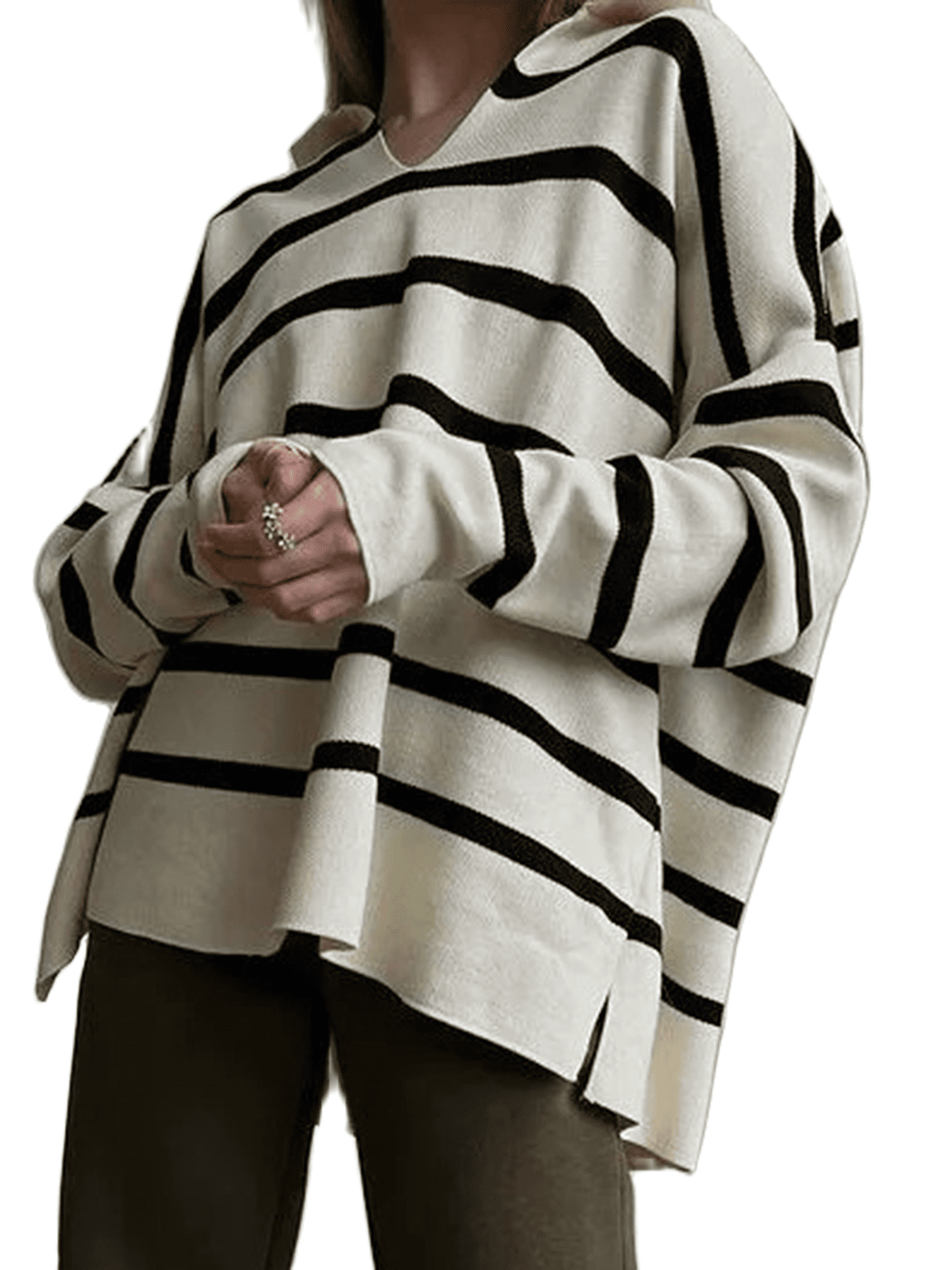 Baby Sweetie Women Comfy Loose Sweaters Warm Striped Print V-Neck Long ...