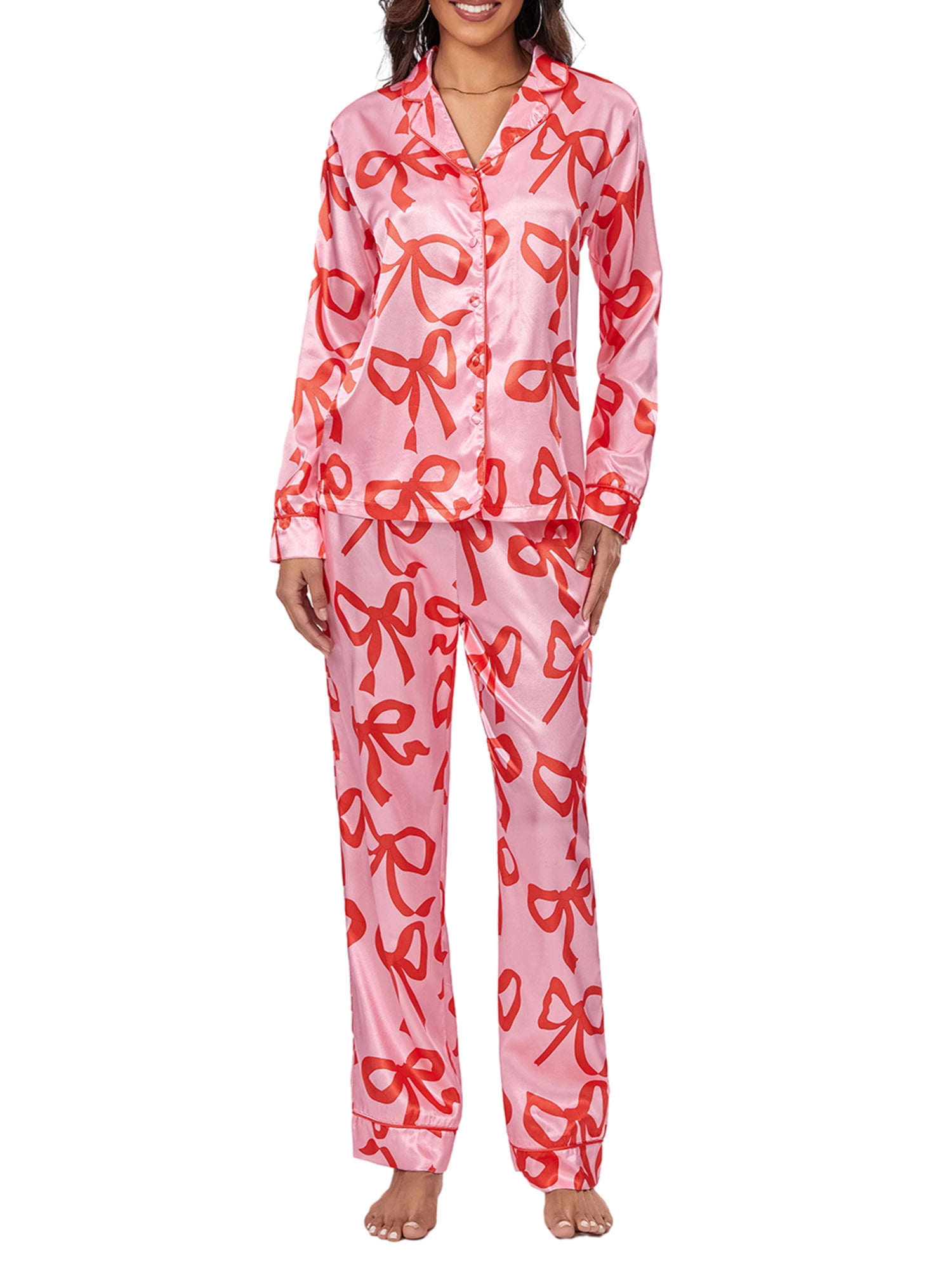Baby Sweetie Womens Button Down Pajamas Set Long Sleeve Lapel Bow Print ...