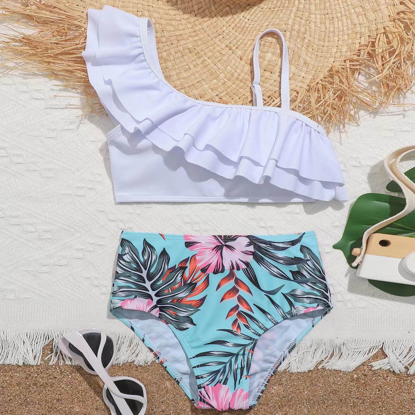 Baby Swimsuit 2 Piece Sport Blue Flower Floral Prints High Waist Bikini ...