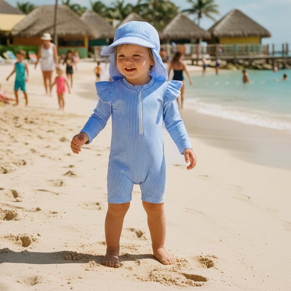 Baby Swimsuit Boy Stripe Print Ruffle Long Sleeve Half Zip One Piece ...