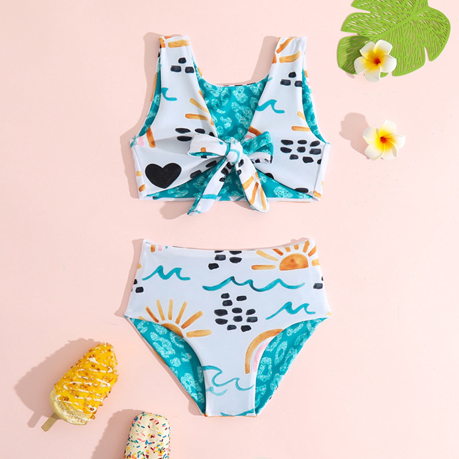 Baby Swimsuit Girl 2 Piece Reversible Cartoon Print Bowknot Crew Neck ...