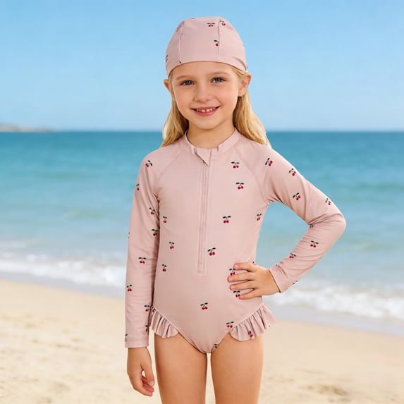Baby Swimsuit Girl One Piece Cartoon Print Long Sleeve Crew Neck And ...