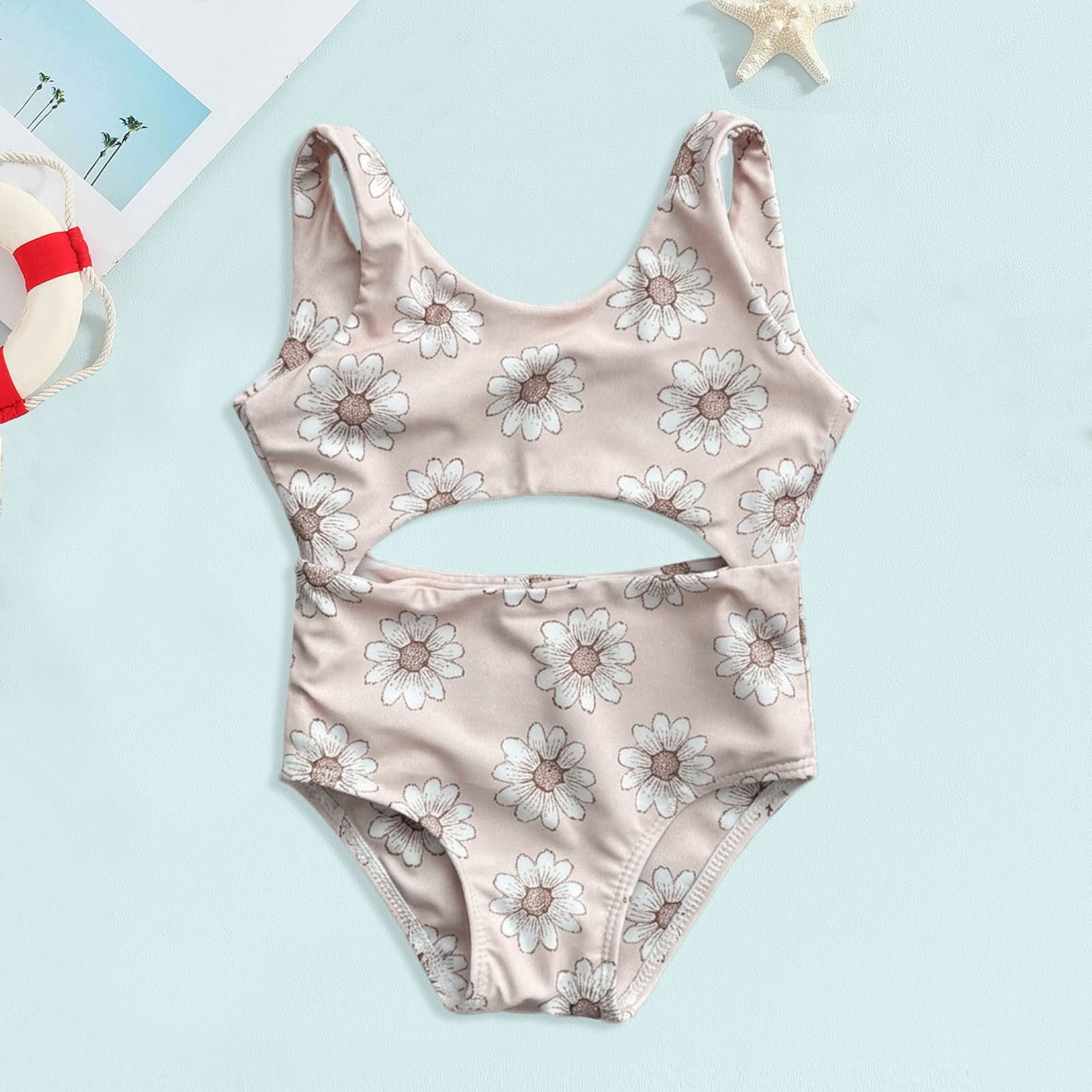 Baby Swimsuit Girl One Piece Floral Print Crew Neck Spaghetti Straps ...