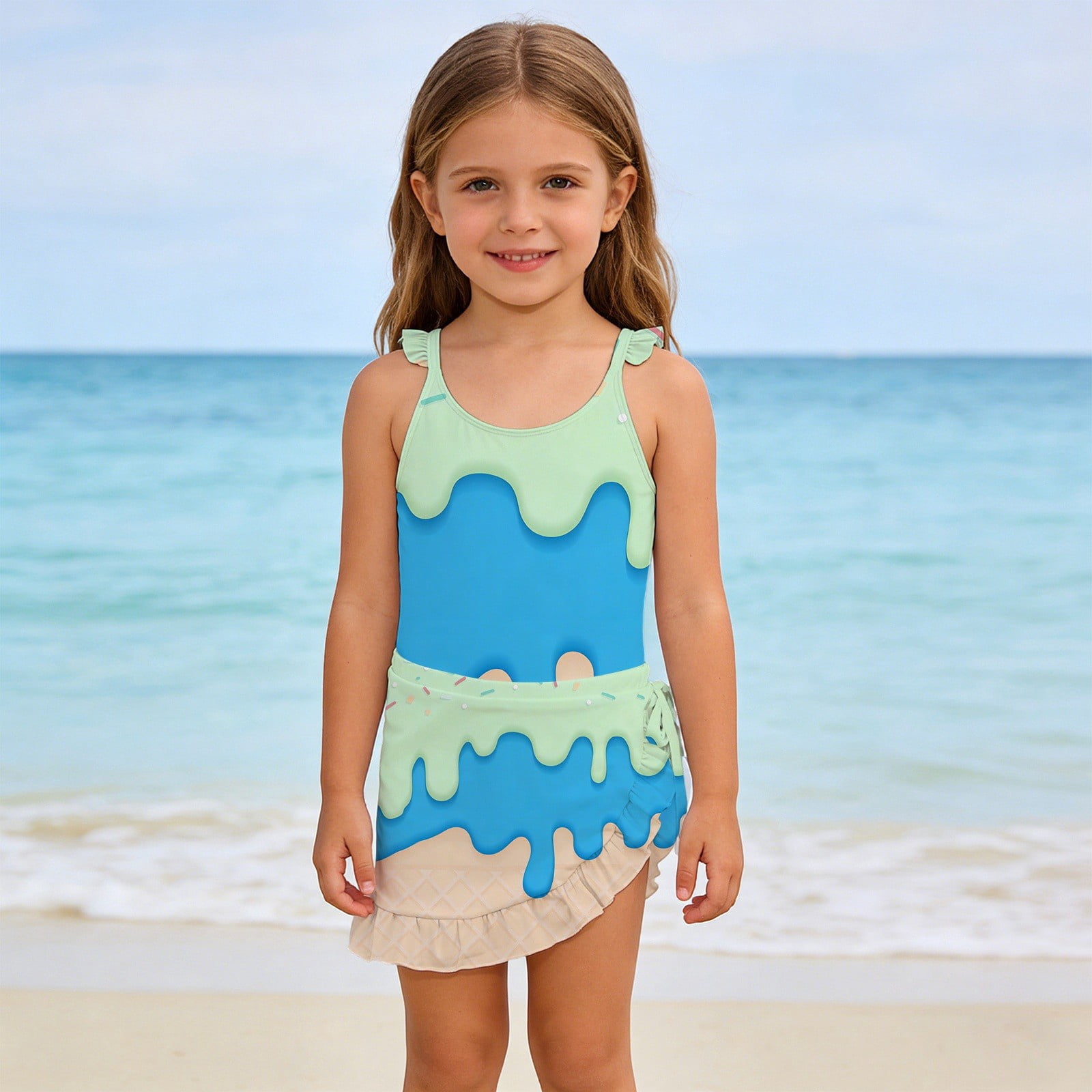 Baby Swimsuit Girl One Piece Ice Cream Print Ruffle Spaghetti Straps ...