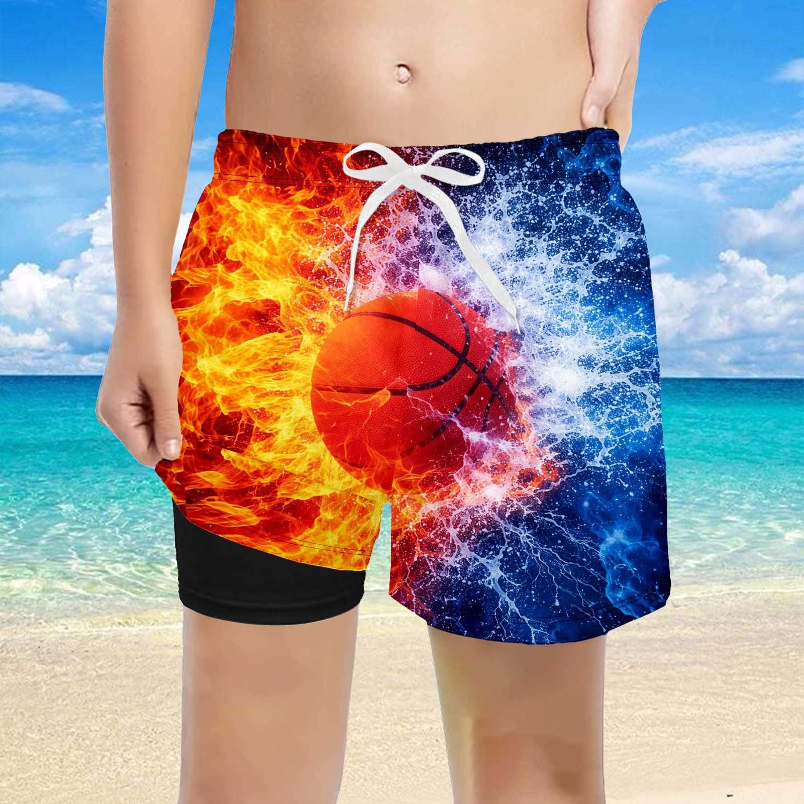 Baby Swimsuit Boys Basketball Fire Print Cool Swim Trunks Girls Bathing ...