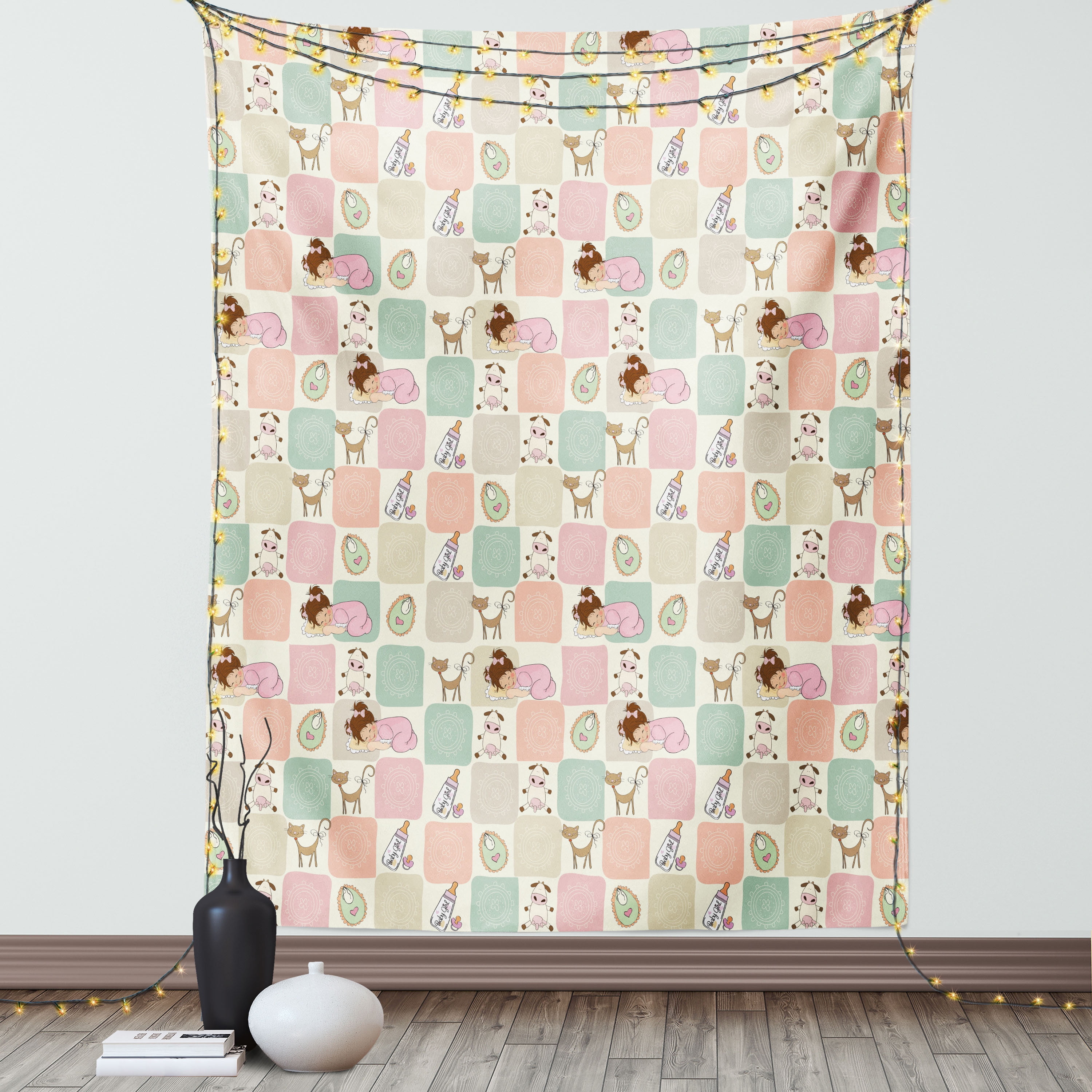 Baby Tapestry, Square Checkered Pattern Cat Cow Sleeping Girl ...