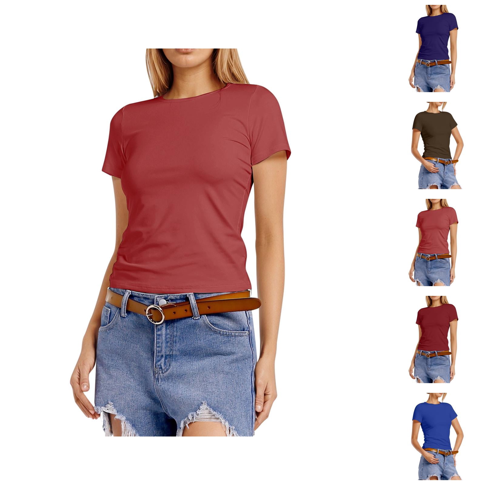 Baby Tee for Women Short Sleeve Crew Neck Slim Fit Solid Plain Stretchy ...